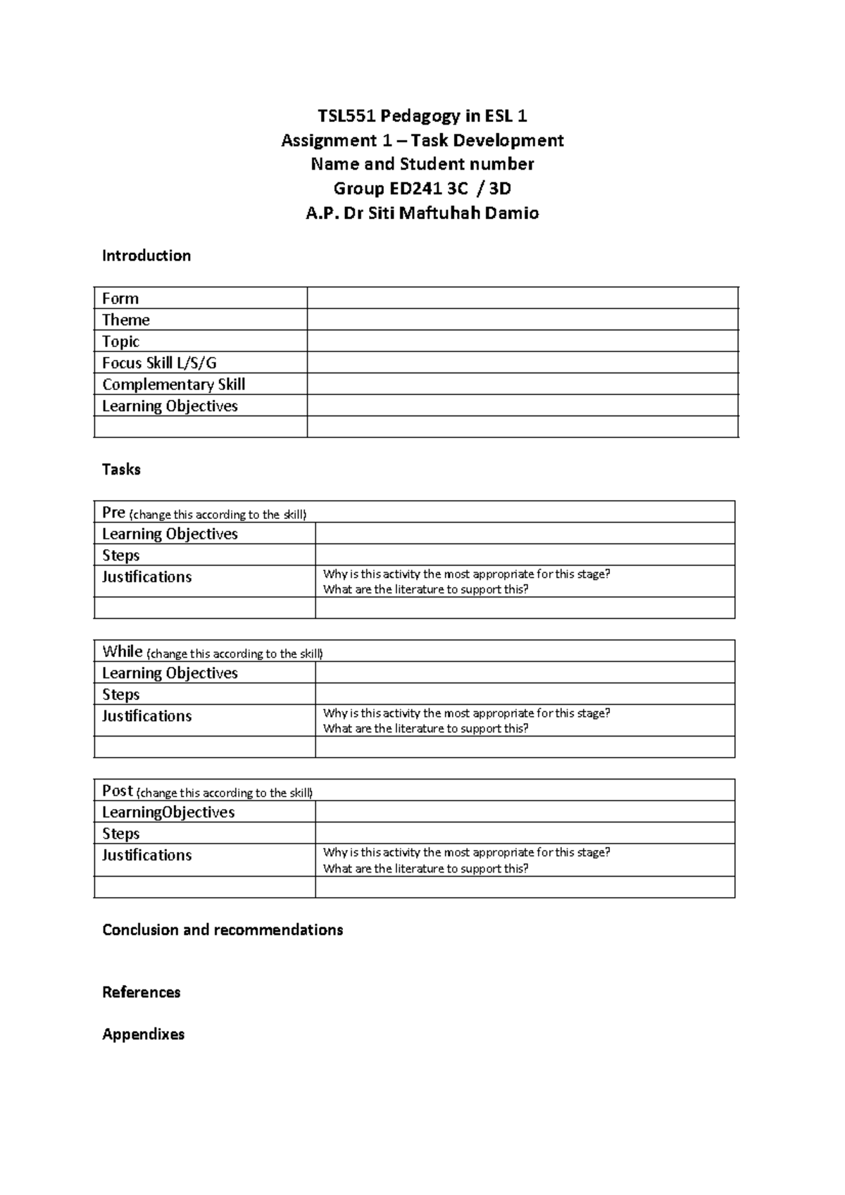 Task development template - TSL551 Pedagogy in ESL 1 Assignment 1 ...