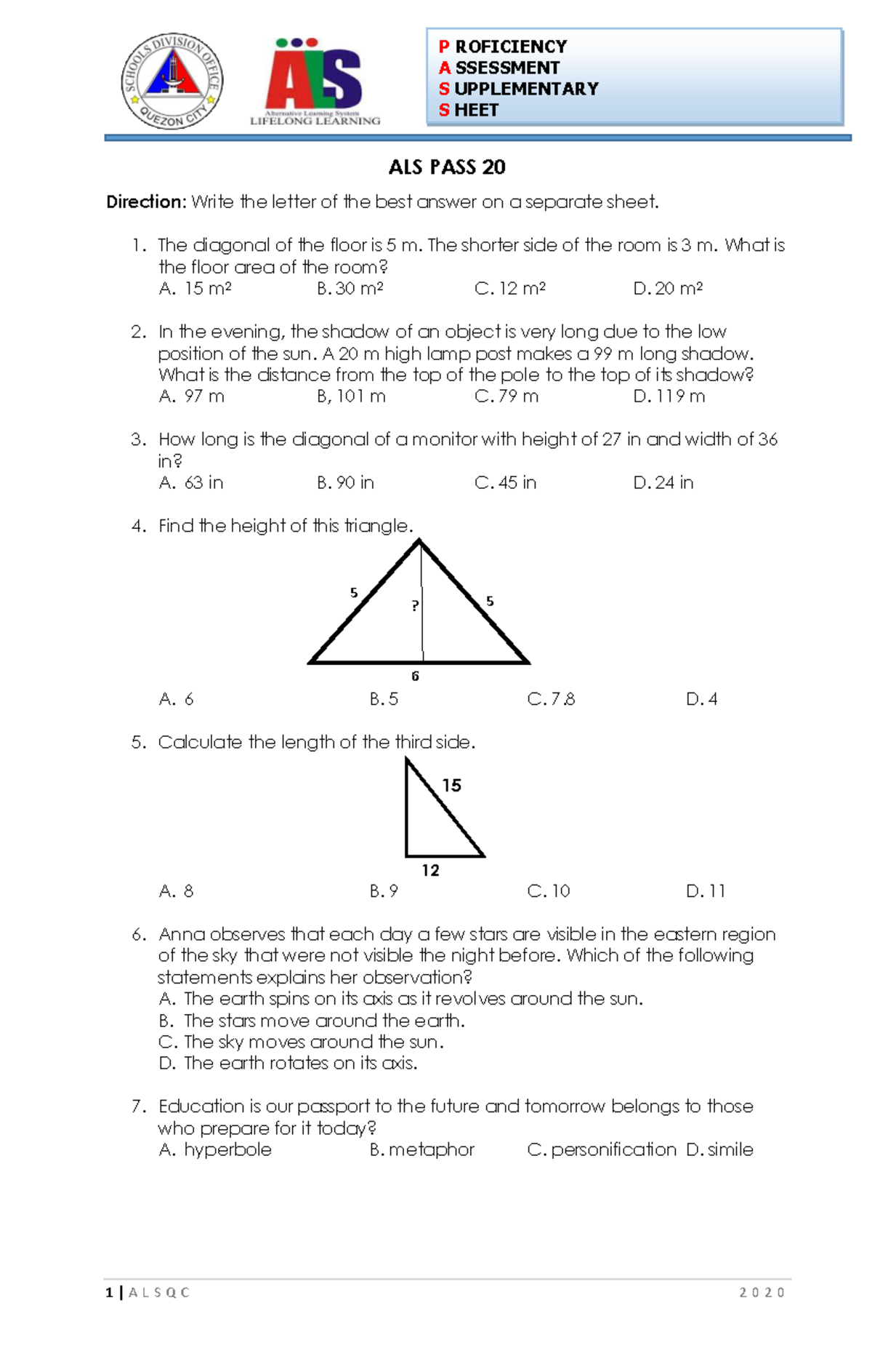 ALS PASS 20 - als - 1 | A L S Q C 2 0 2 0 ALS PASS 20 Direction: Write ...