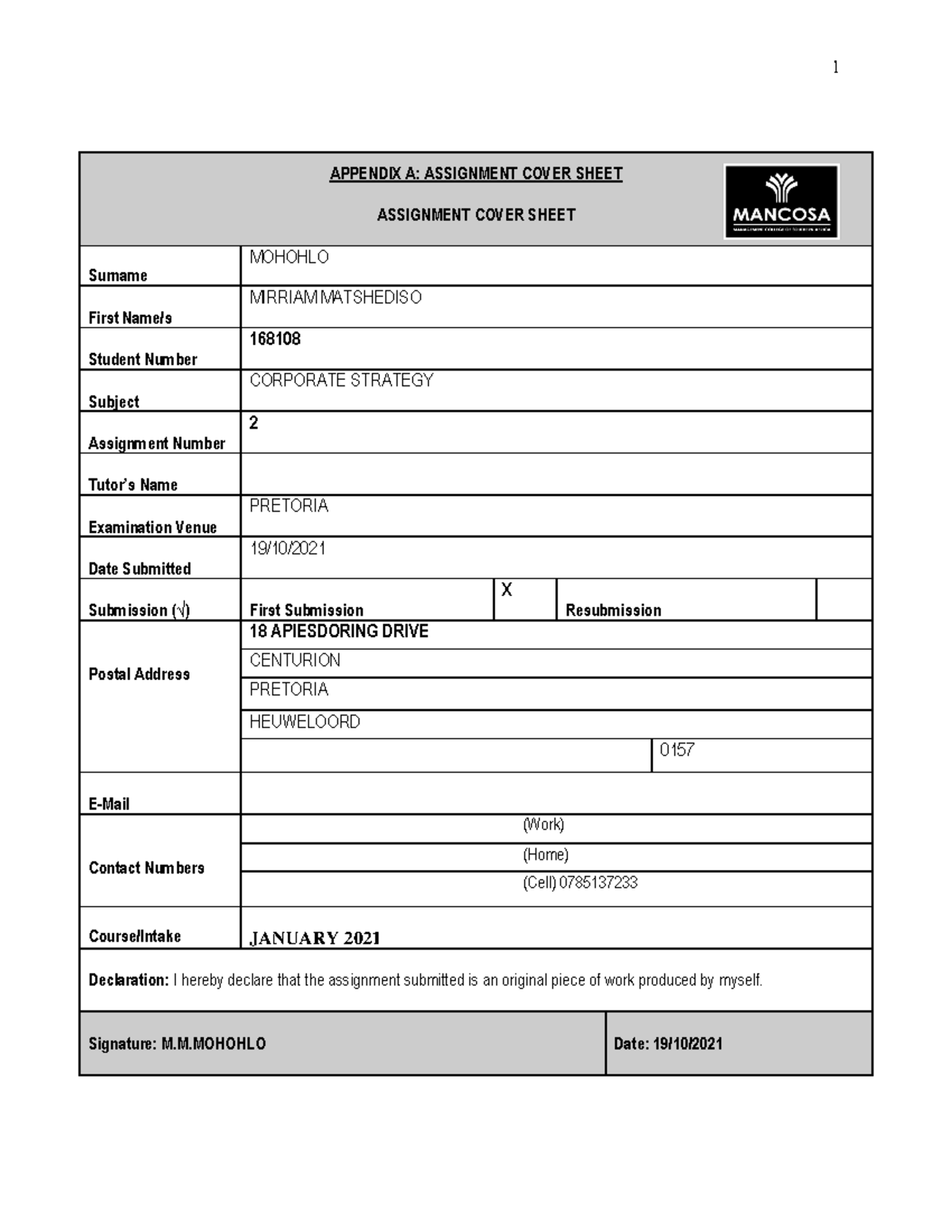 Corporate Project 2 - assignment notes - APPENDIX A: ASSIGNMENT COVER ...