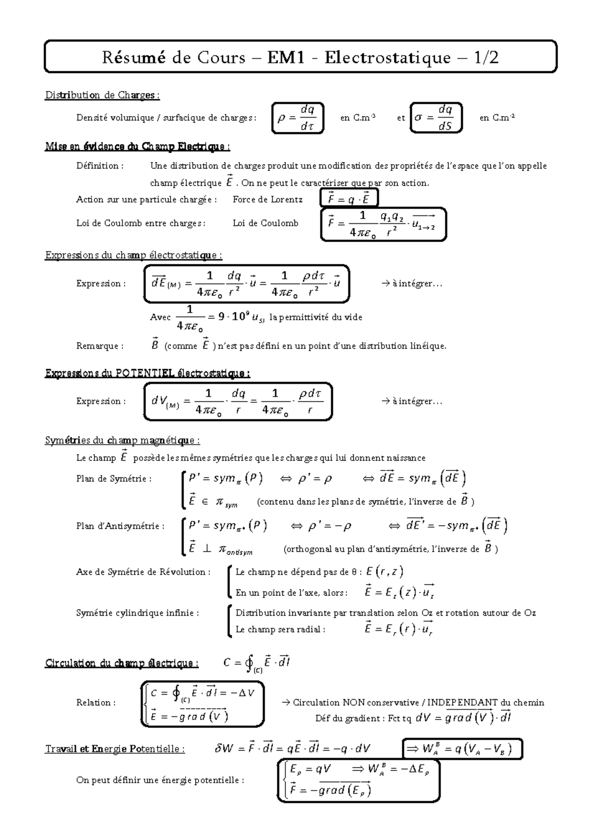 Electrostatique electrocinetique résumé 04 - Résumé de CoursRésumé de ...