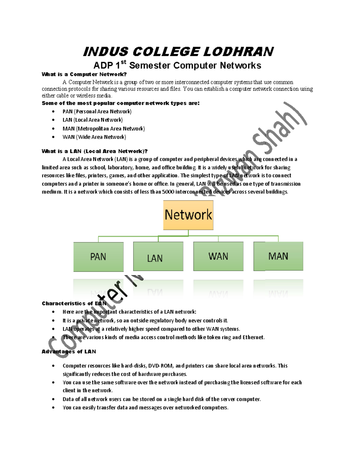 ADP 1st Semester Computer Networks - INDUS COLLEGE LODHRAN ADP 1 st ...