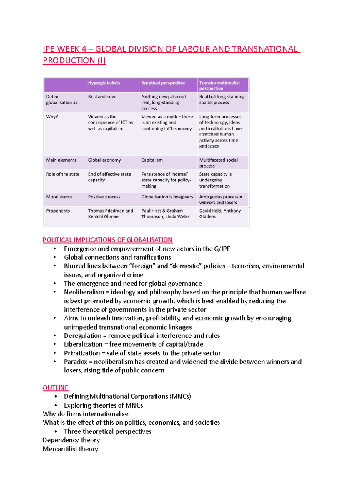 IPE - WEEK 4 - Summary of weekly content. - IPE WEEK 4 – GLOBAL DIVISION OF LABOUR AND ...
