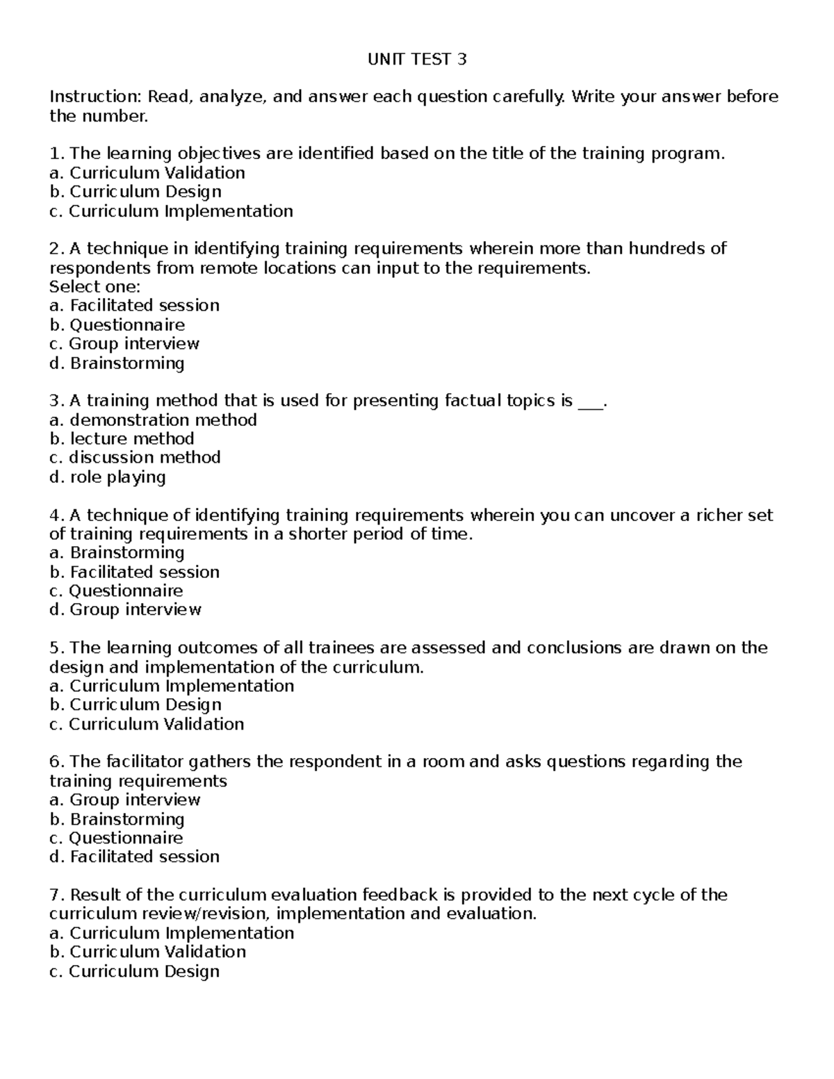 UNIT TEST 3 no answer - UNIT TEST 3 Instruction: Read, analyze, and ...