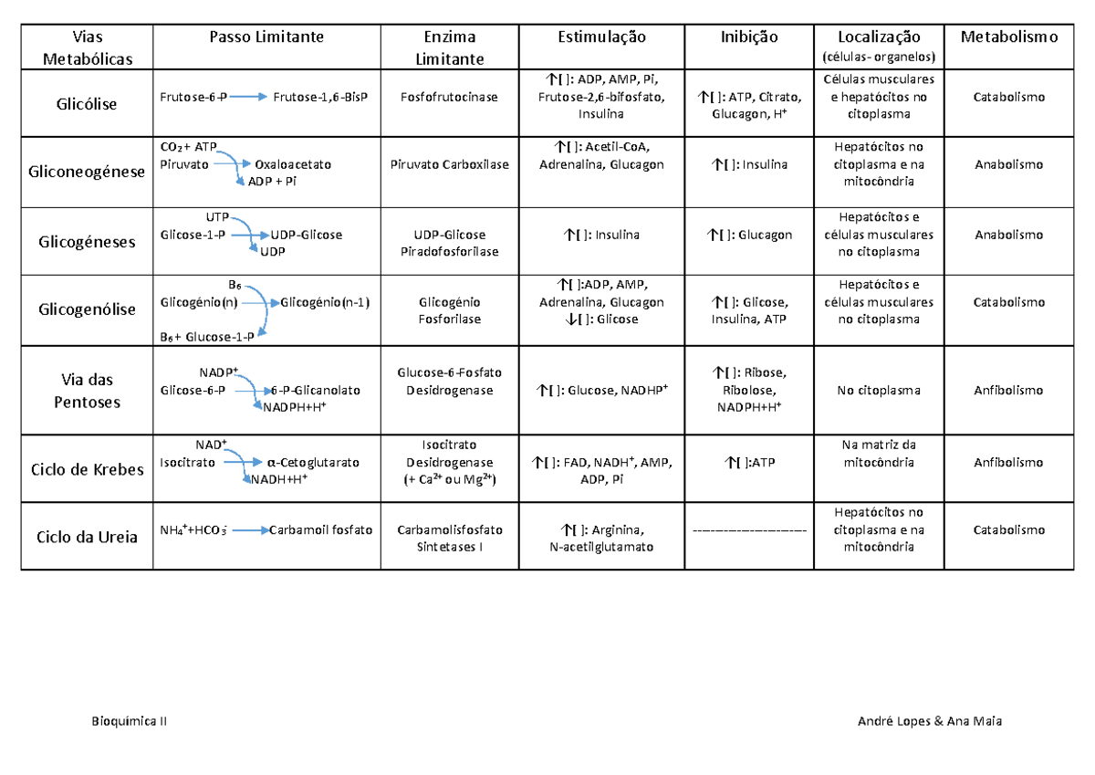 Tabela resumo vias metabólicas BQ II - Warning: TT: undefined function: 32 Warning: TT ...
