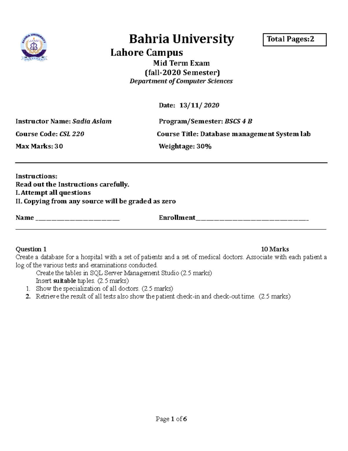 Mid Term DBMS lab 12112020 115234 pm - Bahria University Lahore Campus ...