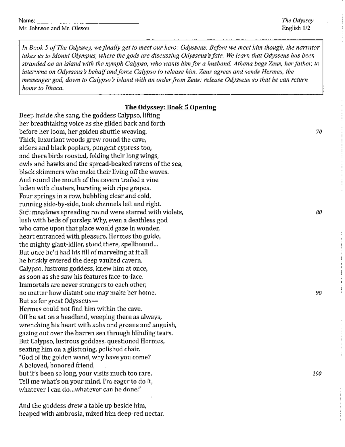 Odyssey Book 5 - ENG 2403 - Studocu