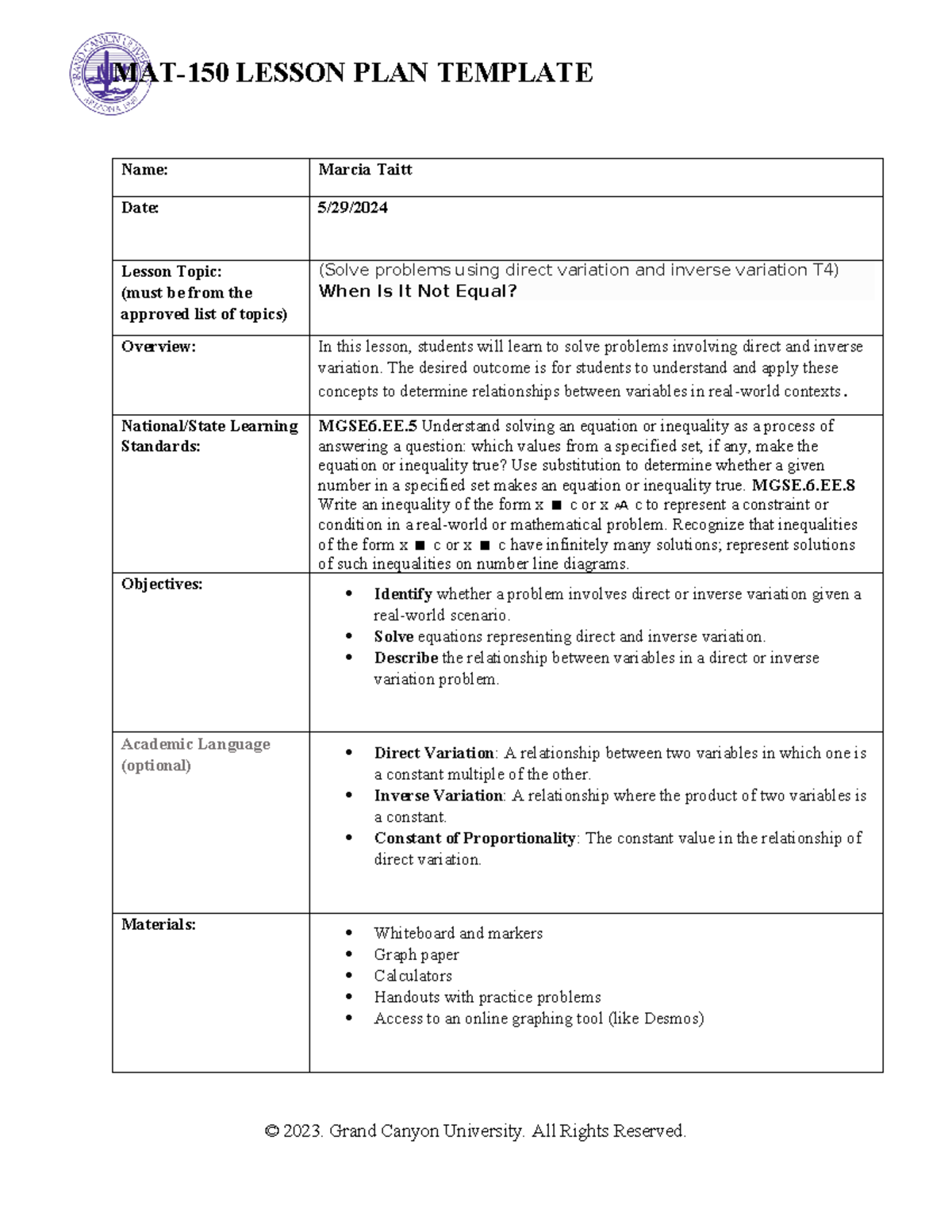 Topic 6 lesson pan - MAT-150 LESSON PLAN TEMPLATE Name: Marcia Taitt ...
