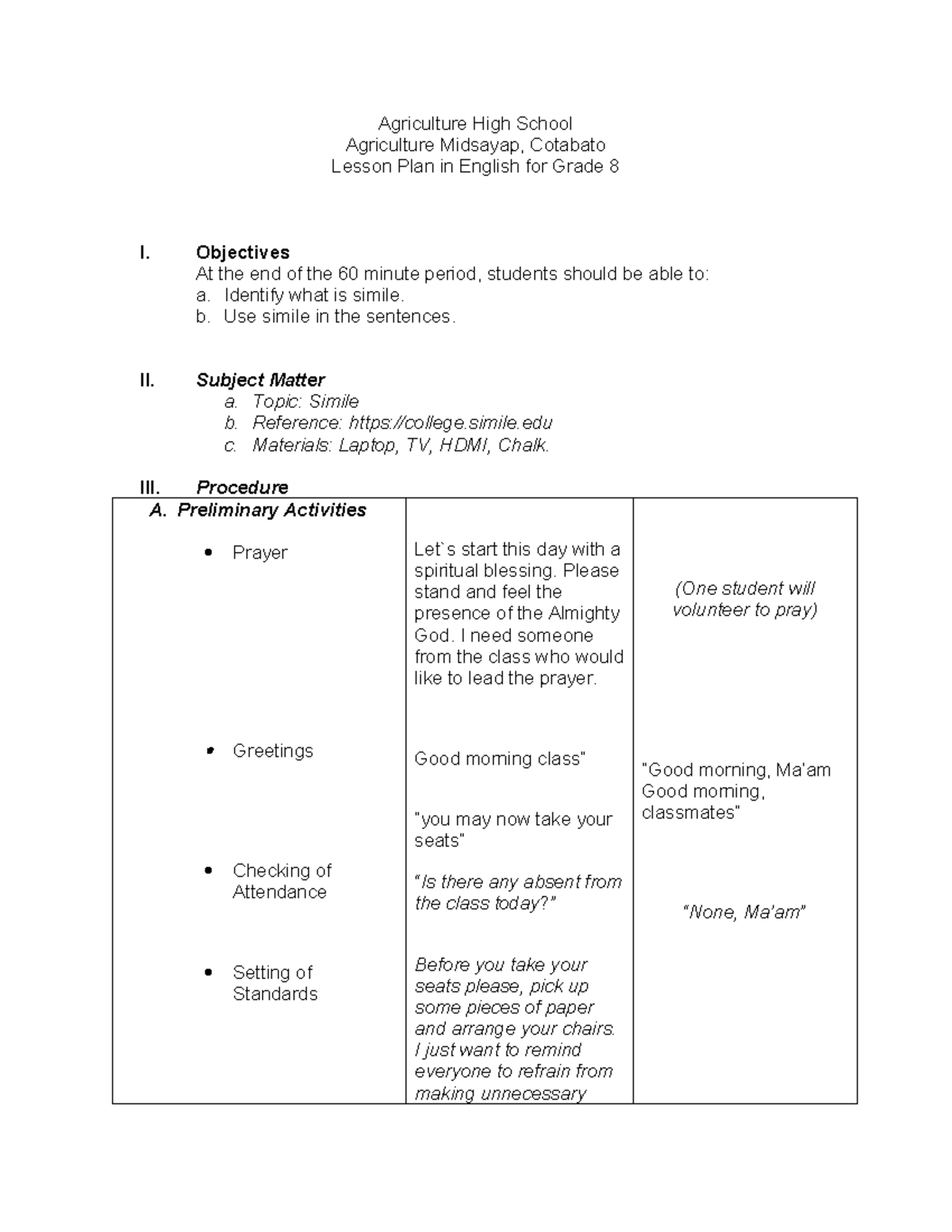 Simile - Agriculture High School Agriculture Midsayap, Cotabato Lesson ...