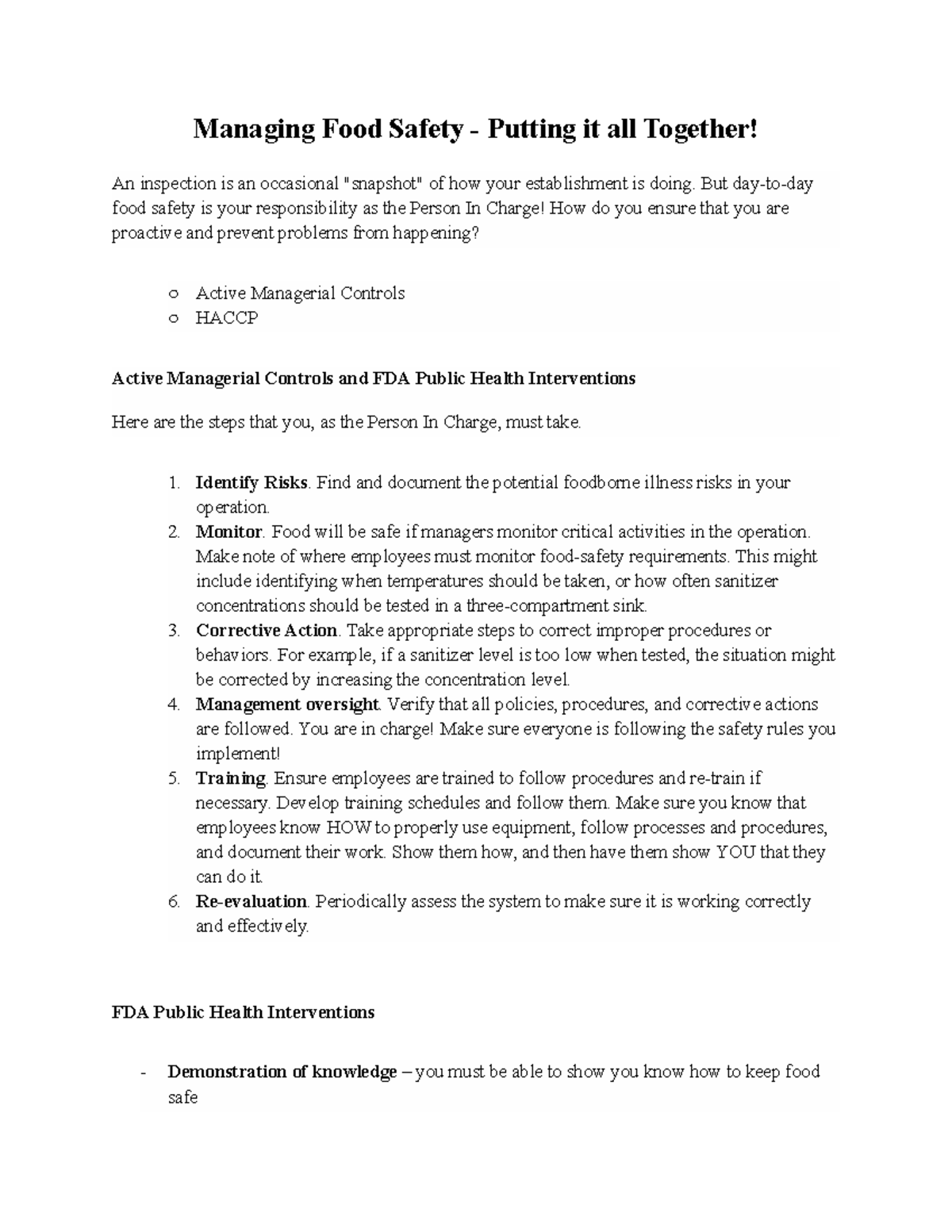 Managing Food Safety - Putting it all Together - But day-to-day food ...