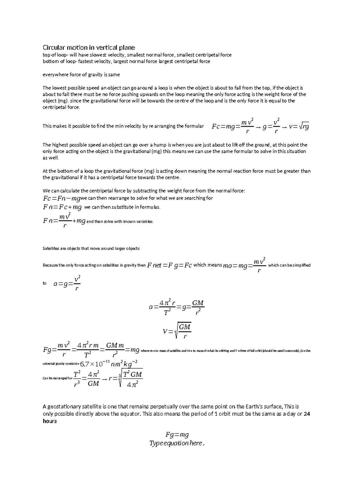 Physics notes yr 12 - yea - Circular motion in vertical plane top of ...