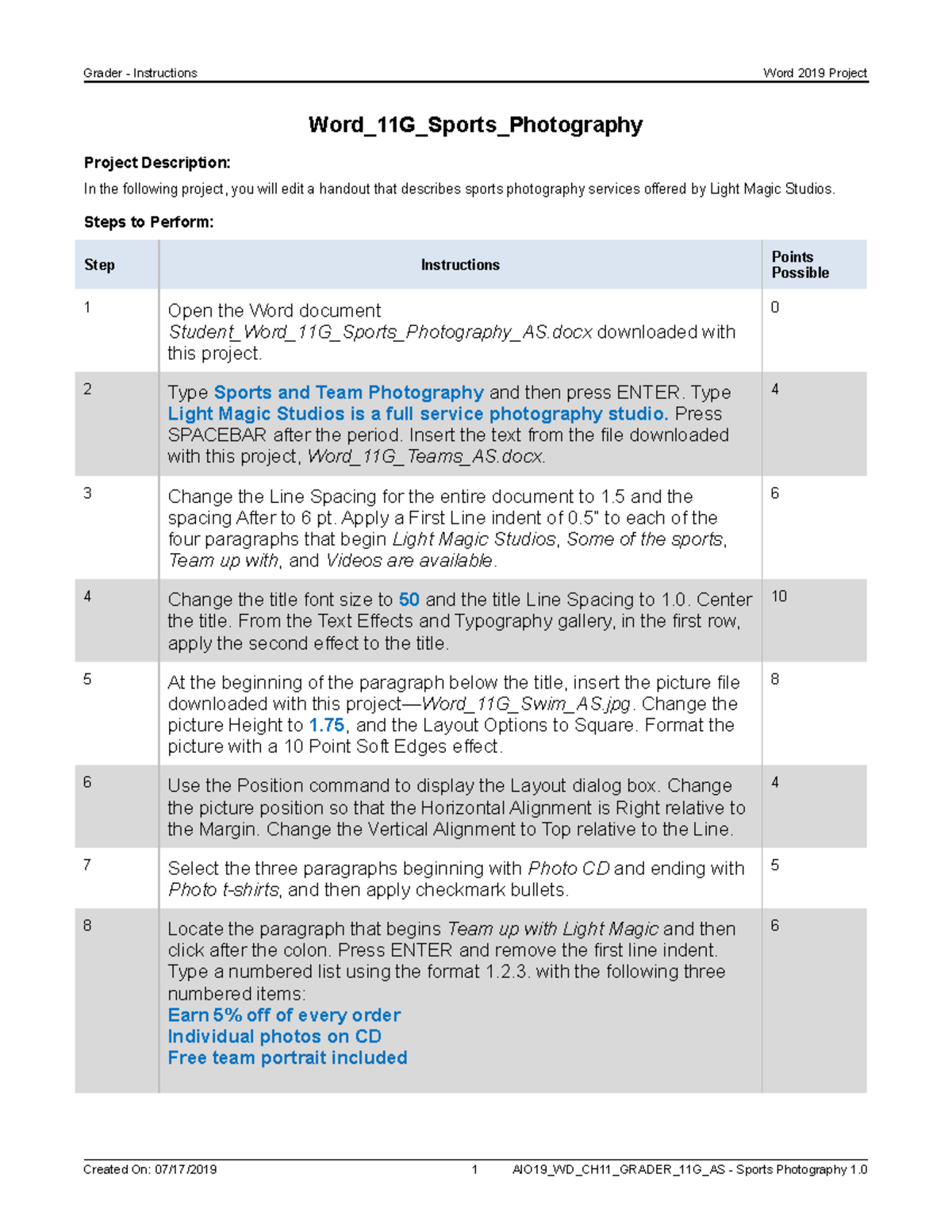 Word 11G Sports Photography Instructions - Grader - Instructions Word 2019 Project - Studocu