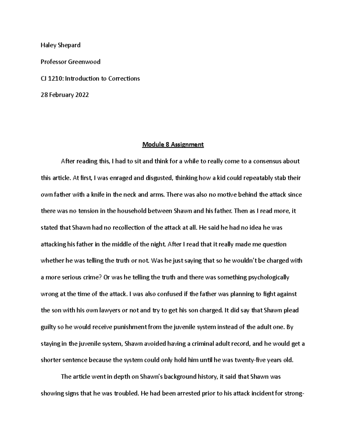Module 8 assignment - kljlkj - Haley Shepard Professor Greenwood CJ ...