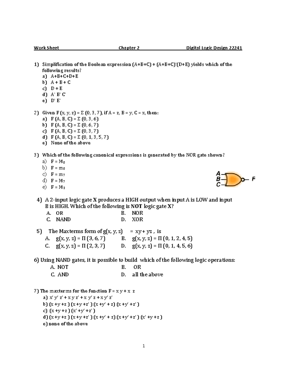 Work Sheet- Chapter 2 - practice problems - 1 Work Sheet Chapter 2 Digital Logic Design 22241 1 ...