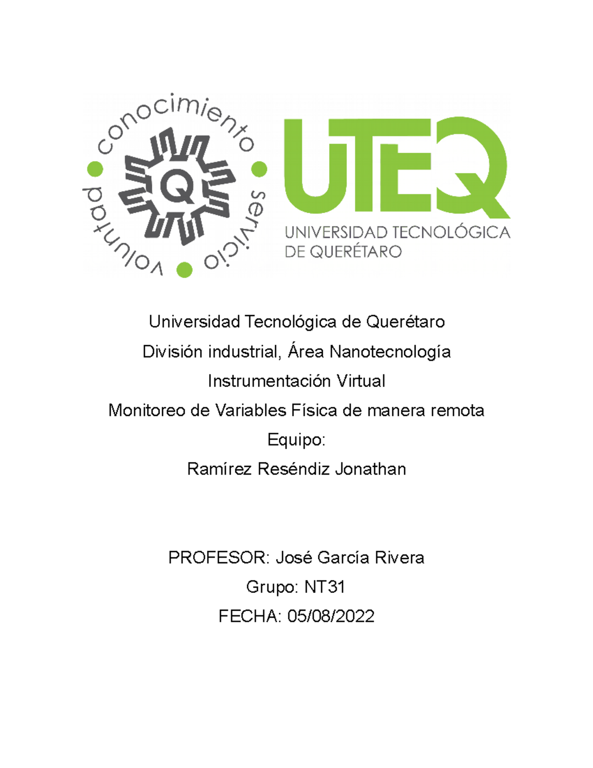 Monitoreo De Variables Fisicas Universidad Tecnológica De Querétaro División Industrial Área