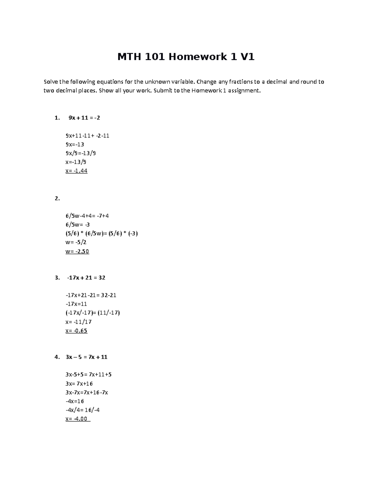 Homework 1 V1 Assignment 1 - Solve the following equations for the unknown variable. Change any ...