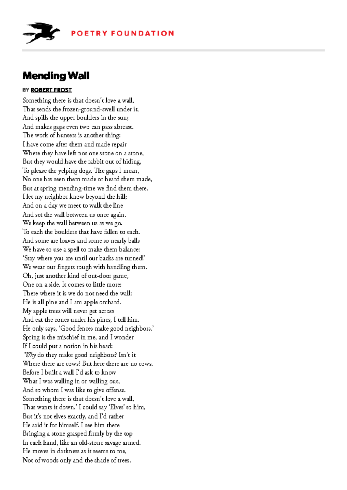Mending Wall by Robert Frost Poetry Foundation - Mending Wall BY RO BE ...