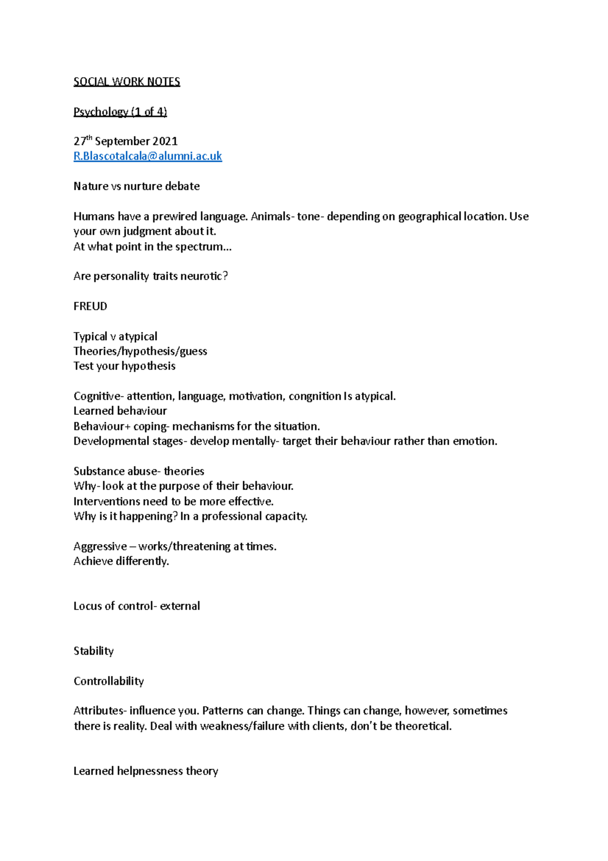 Social WORK Notes - SOCIAL WORK NOTES Psychology (1 of 4) 27 th ...