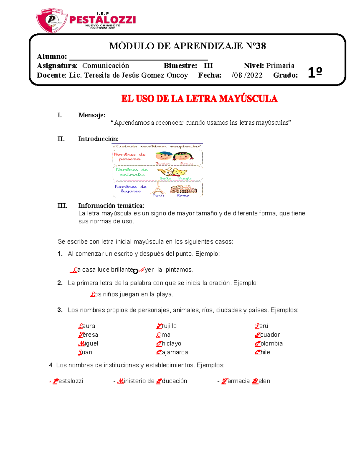 M-38. El uso de la letra mayuscula - I. Mensaje: “Aprendamos a ...