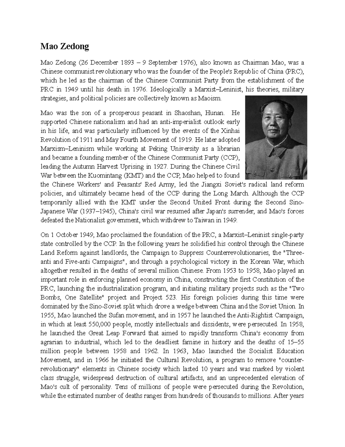 Mao Zedong - Helpful - Mao Zedong Mao Zedong (26 December 1893 – 9 ...