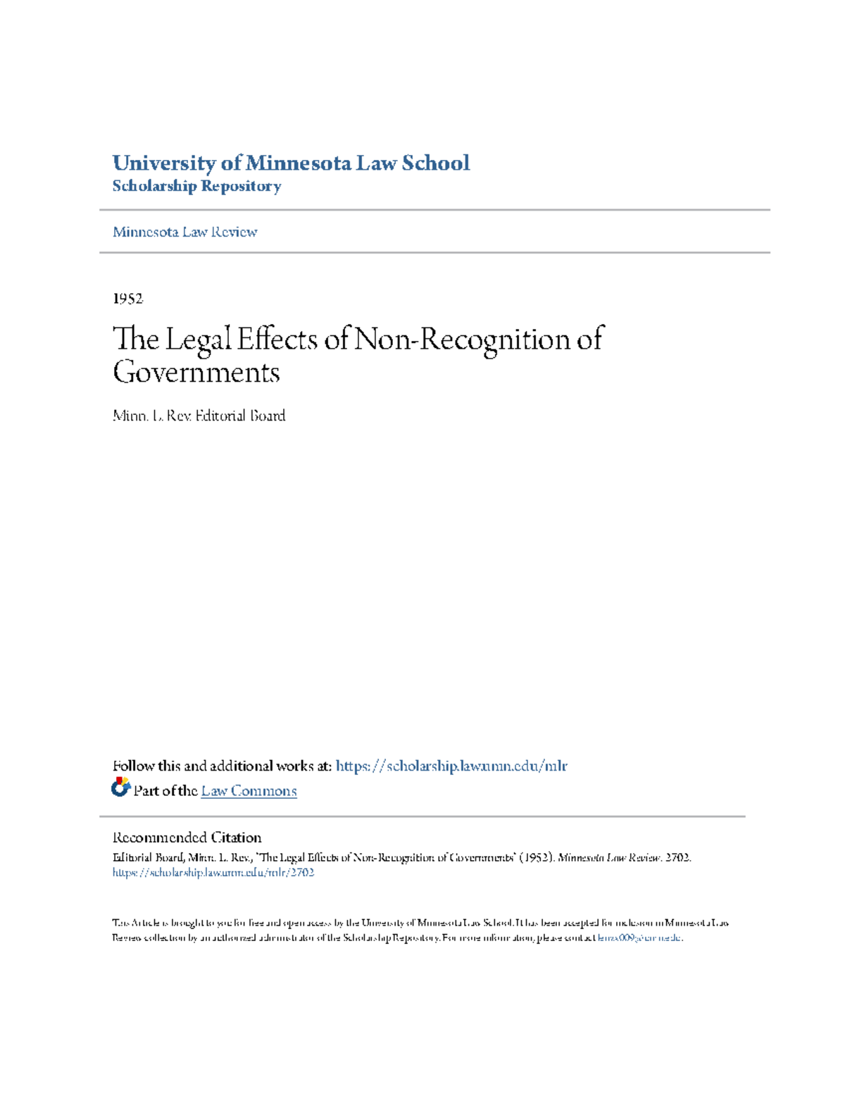 The Legal Effects of Non-Recognition of Governments - University of ...