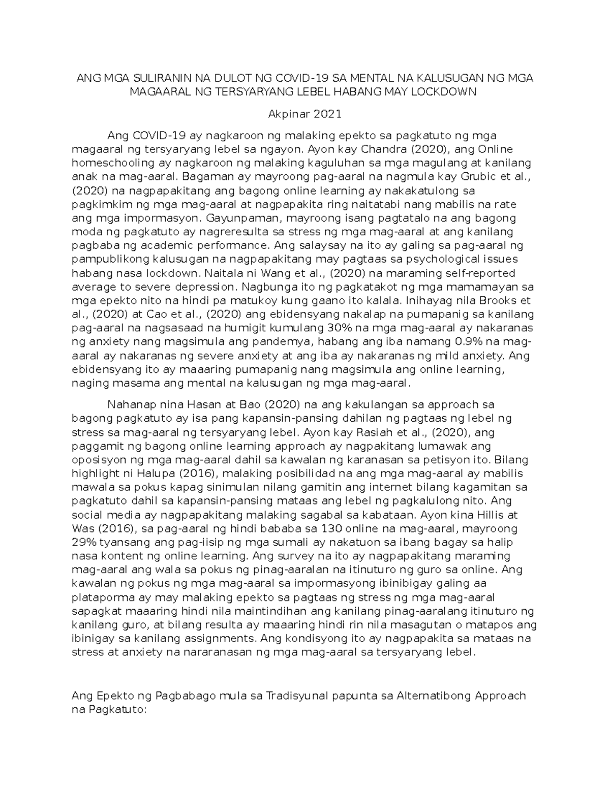 PPTTP Pananaliksik Kabanata 2 - ANG MGA SULIRANIN NA DULOT NG COVID-19 ...