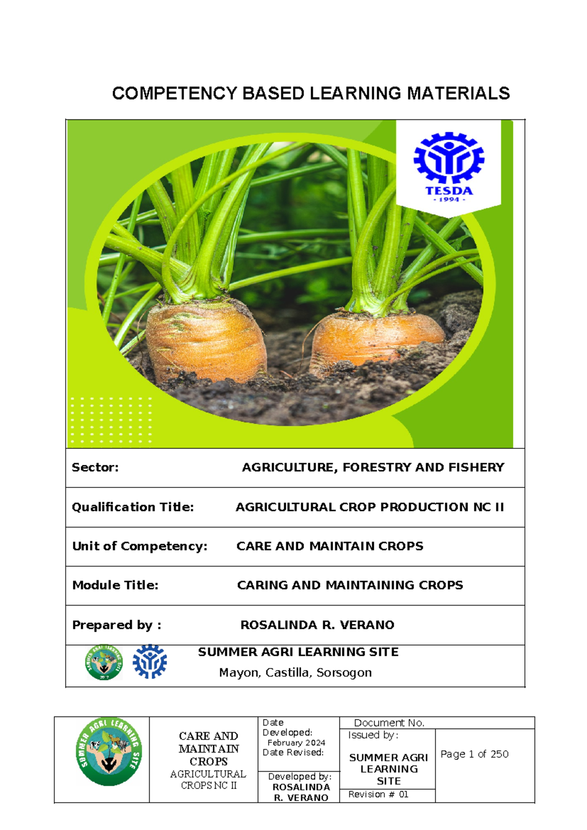 CBLM CARE AND Maintain Crops ACP NC II - COMPETENCY BASED LEARNING MATERIALS Sector: AGRICULTURE ...