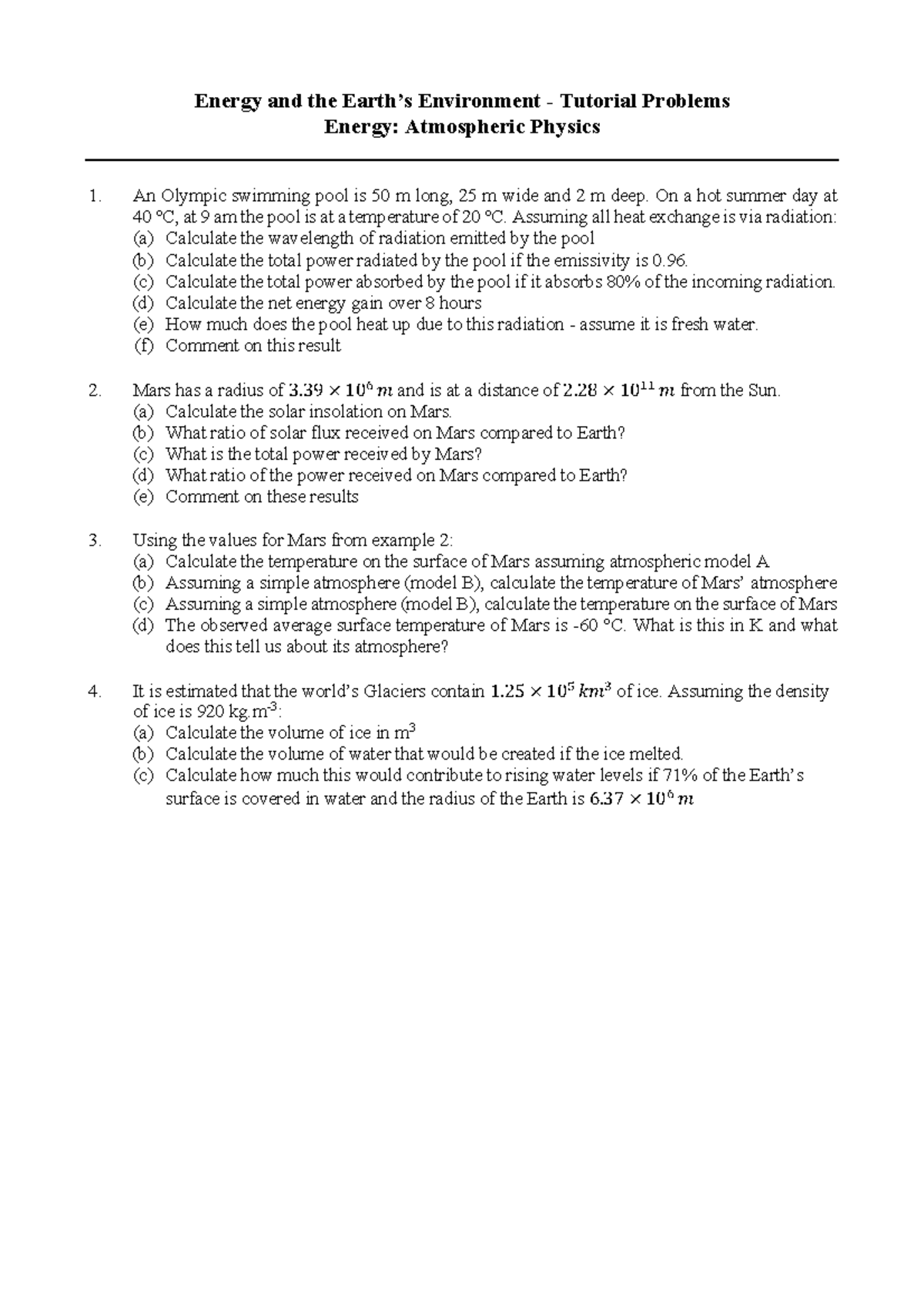 L11 Extra Problems - Energy and the Earth’s Environment - Tutorial ...