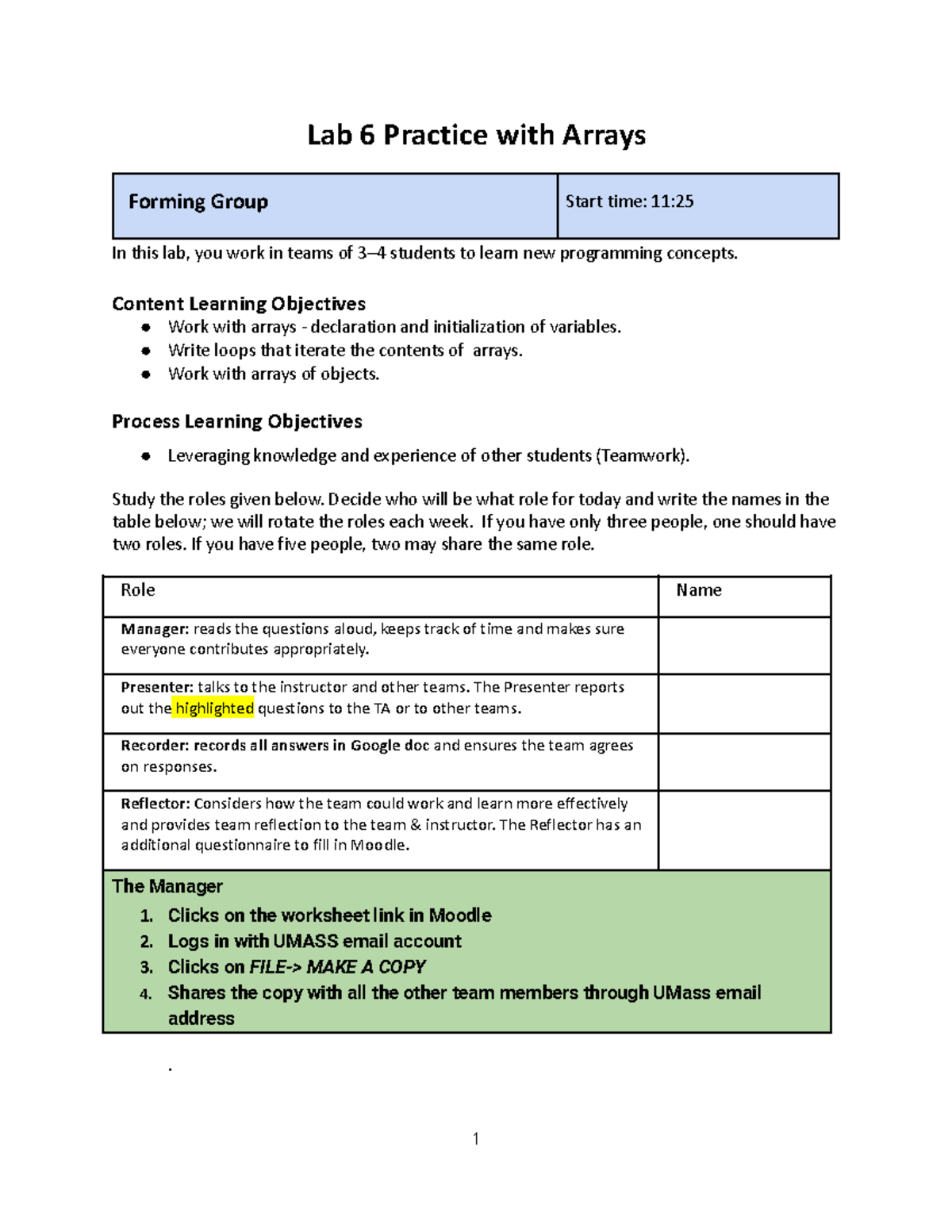 CS 121 - Copy of Lab 6 Arrays S20 Student - Lab 6 Practice with Arrays Forming Group Start time ...