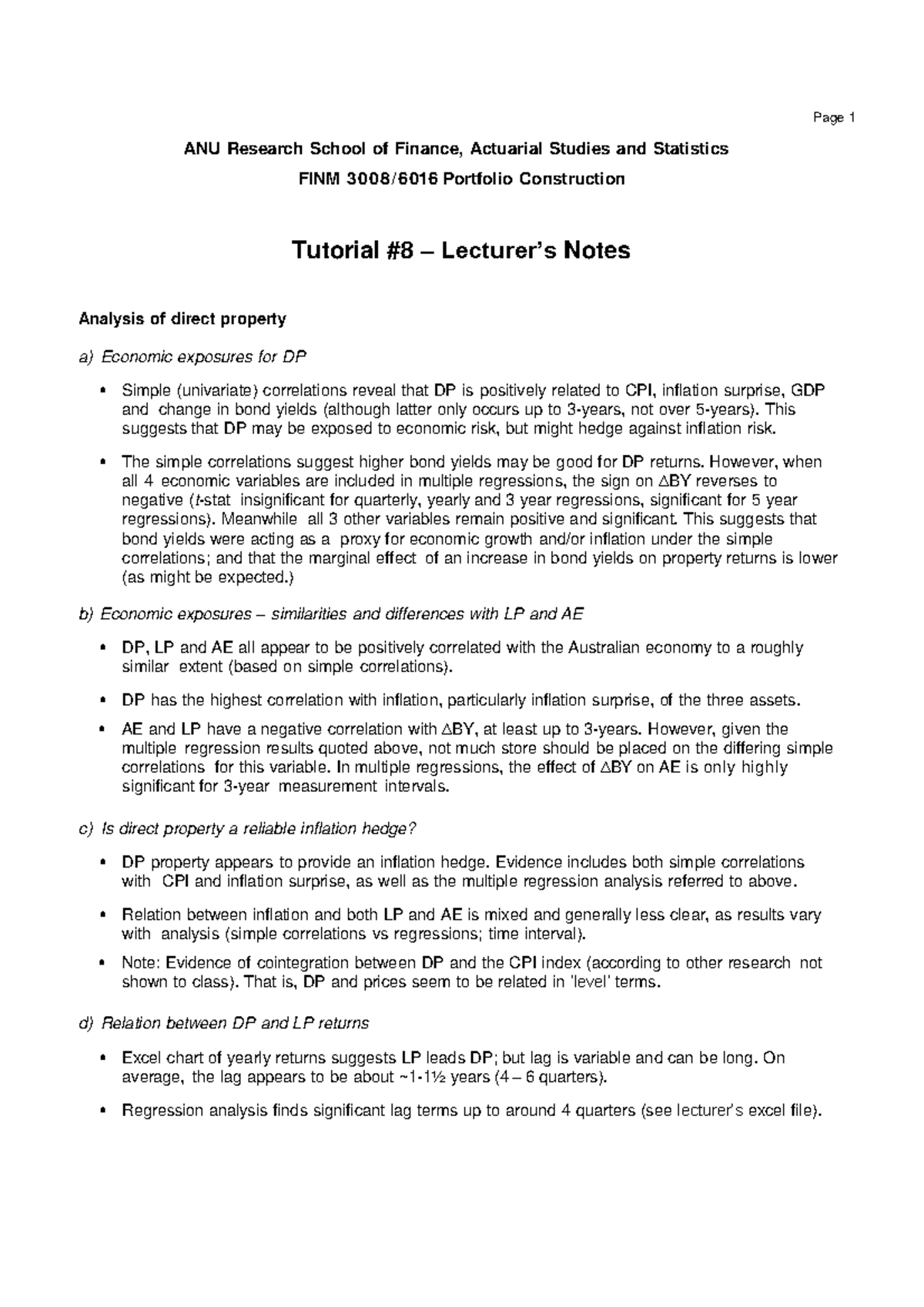 Tutorial #8 - Lecturers Notes - Page 1 ANU Research School of Finance ...