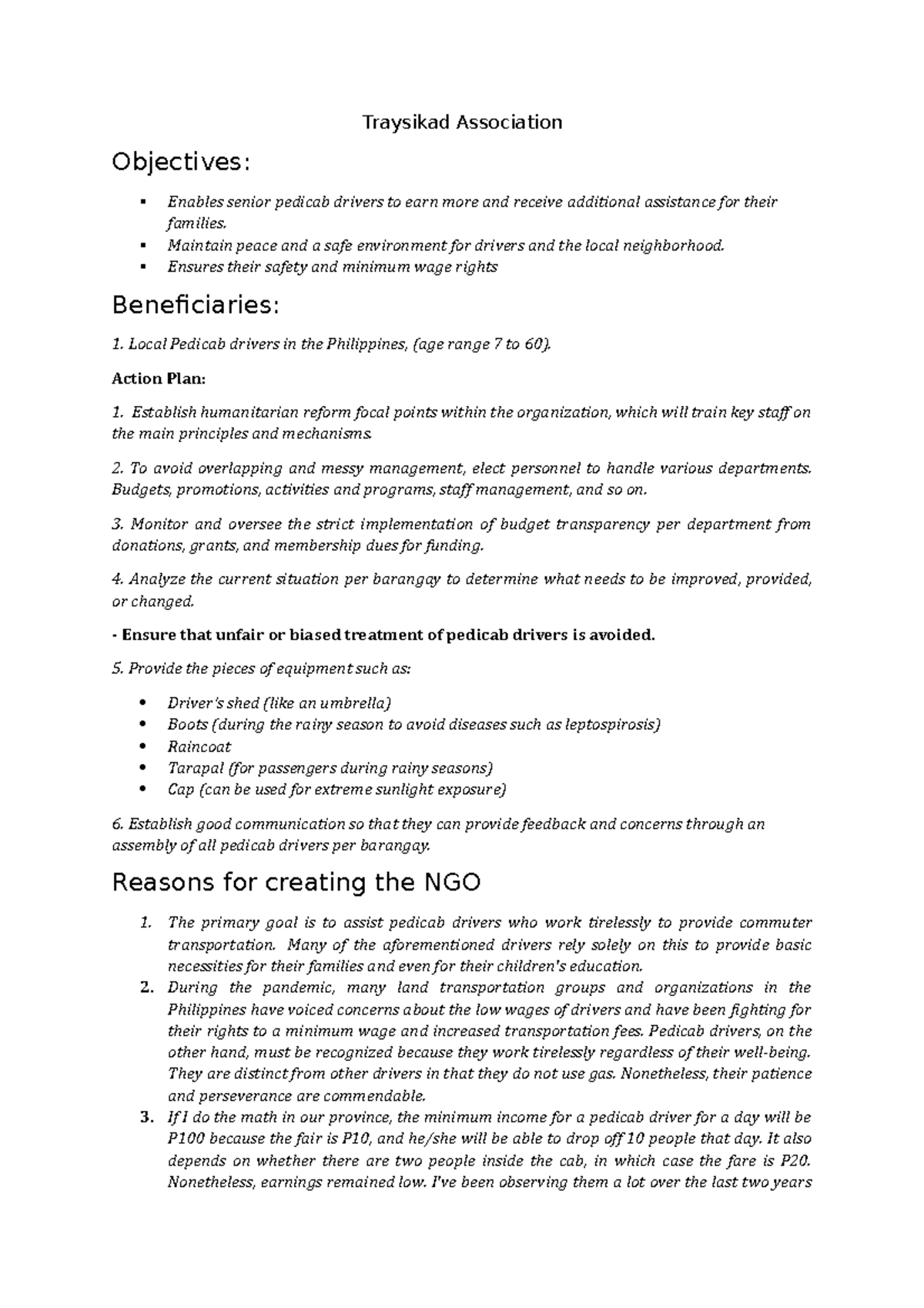 Contemporary Final term Output 1 - Traysikad Association Objectives ...