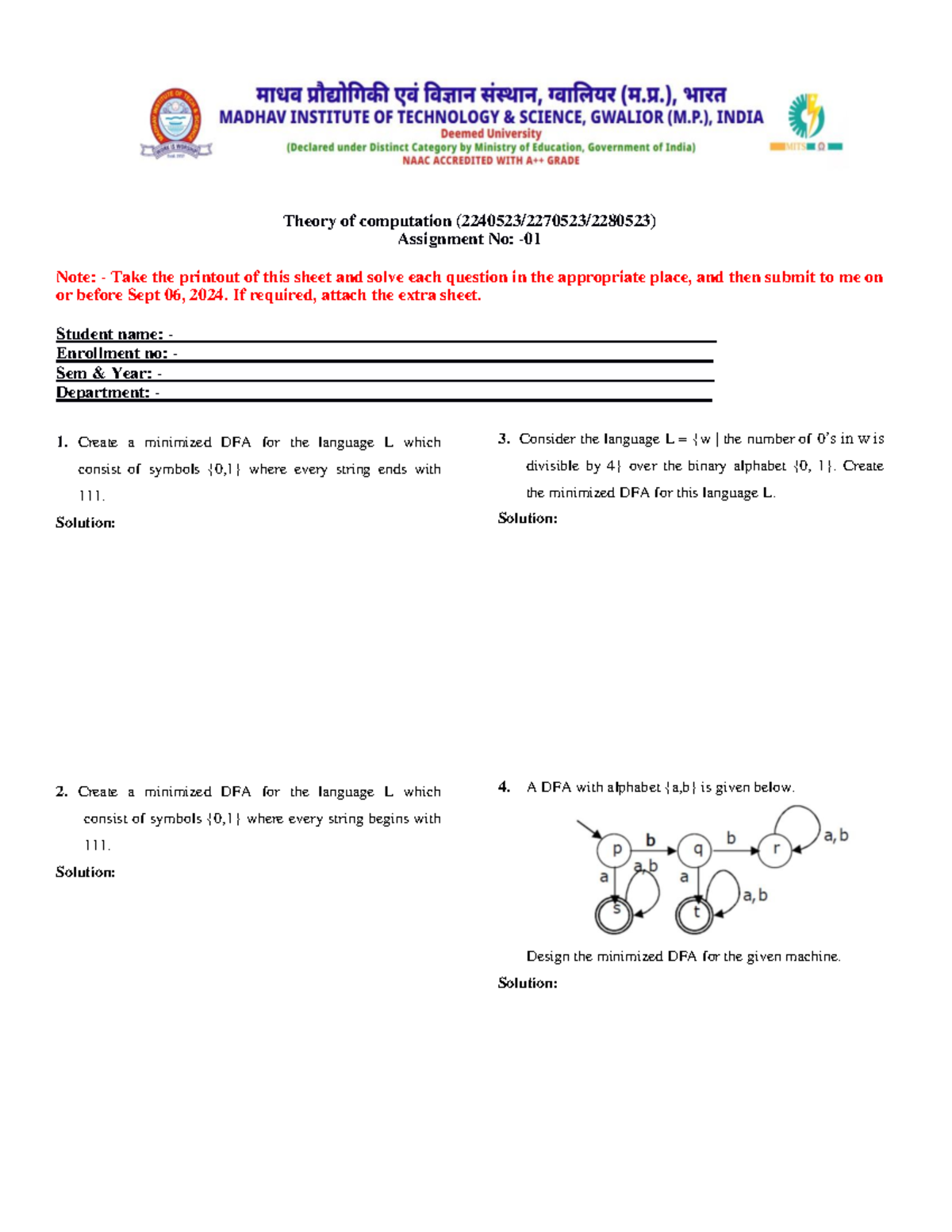 A-01 - TOC - Theory of computation (2240523/2270523/2280523) Assignment ...