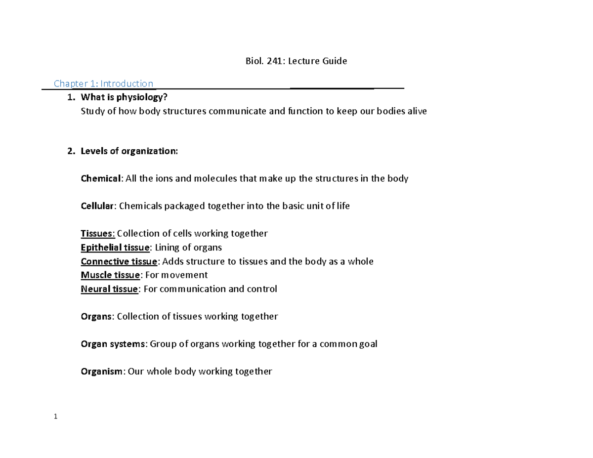 Ch 1-introduction Physiology lecture - Biol. 241: Lecture Guide Chapter ...
