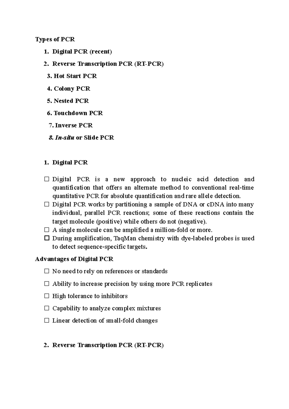 Types of PCR - Digital PCR (recent) 2. Reverse Transcription PCR (RT ...