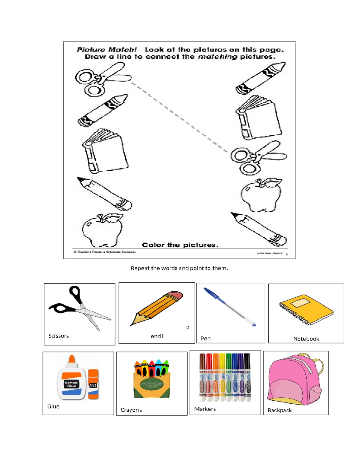 School supplies Lesson 1 - Ingles - Repeat the words and point to them ...