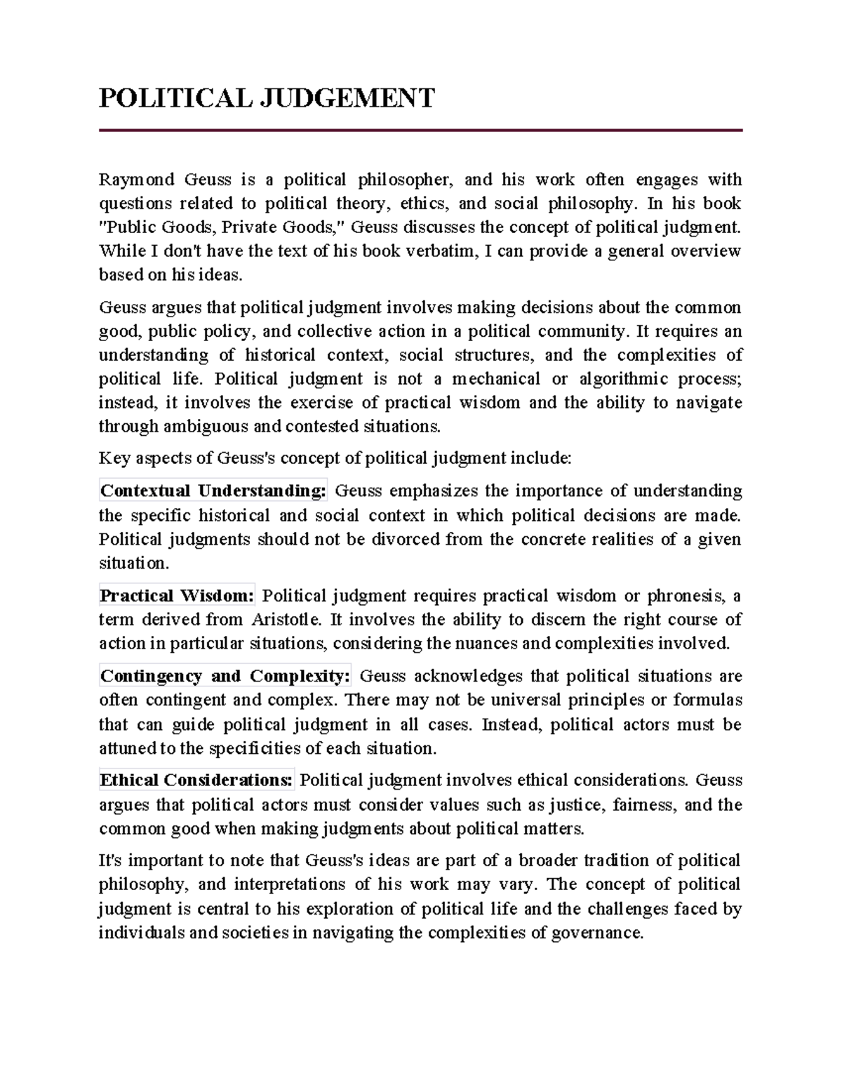 Political Judgement - POLITICAL JUDGEMENT Raymond Geuss is a political ...
