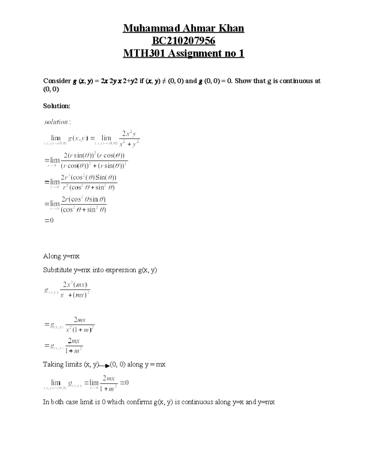 BC210207956 MTH301 - calculus II - Muhammad Ahmar Khan BC MTH301 Assignment no 1 Consider 𝑔 (𝑥 ...