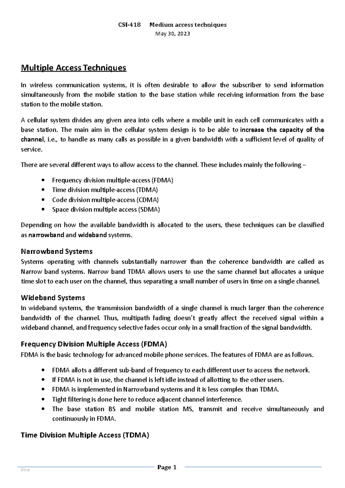 G4 CSI-418 Medium access techniques - May 30, 2023 Multiple Access ...