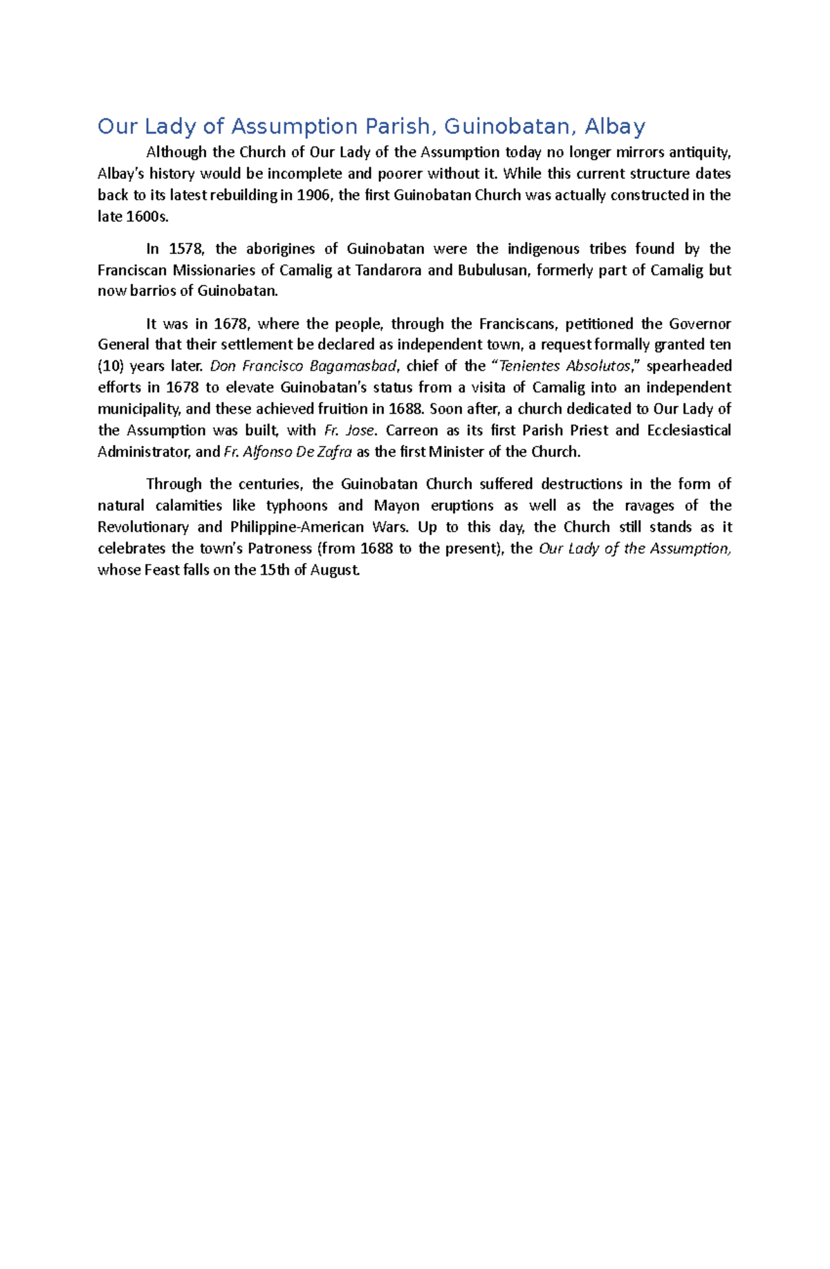 History of the Our Lady of Assumption Parish - Our Lady of Assumption ...