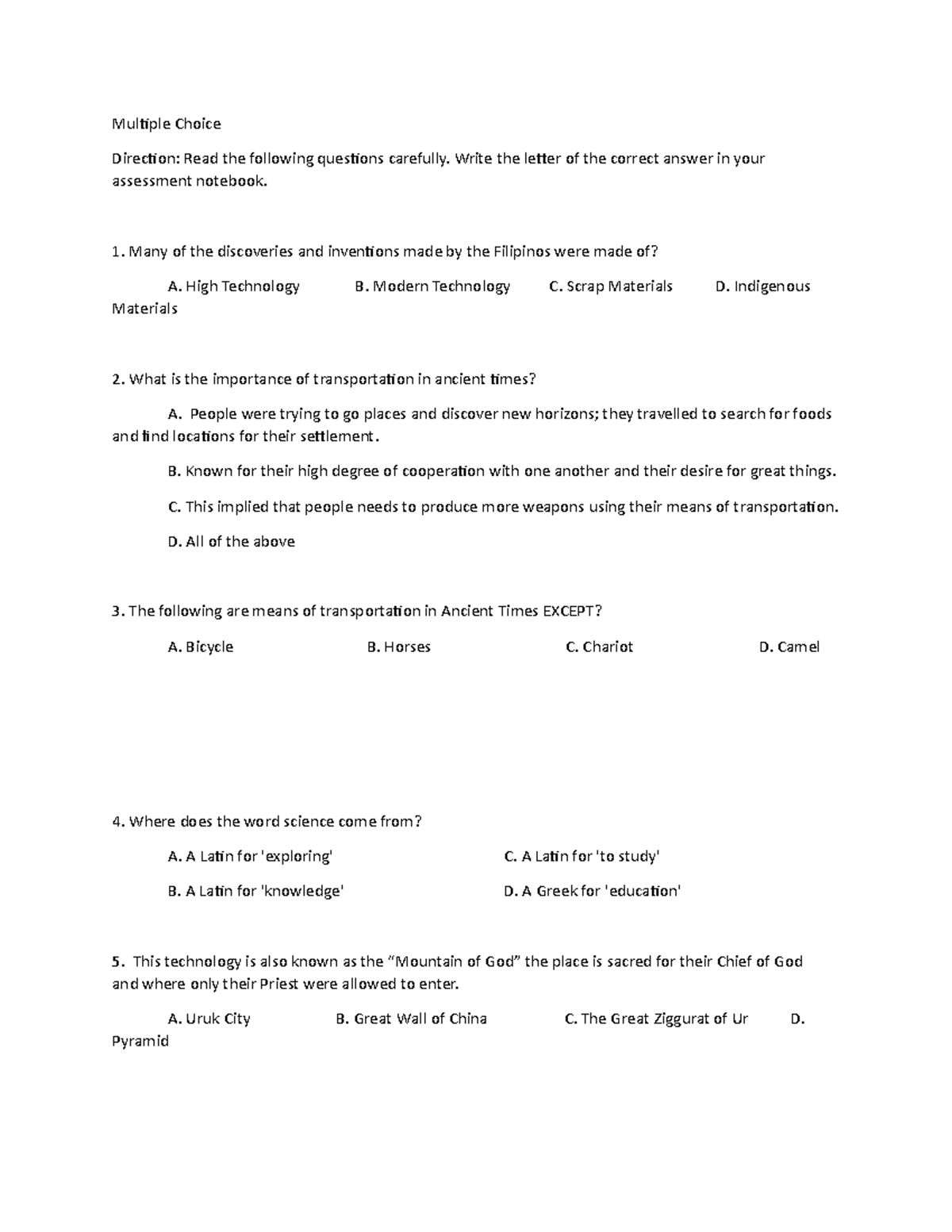 Assessment - Answer - Multiple Choice Direction: Read the following ...
