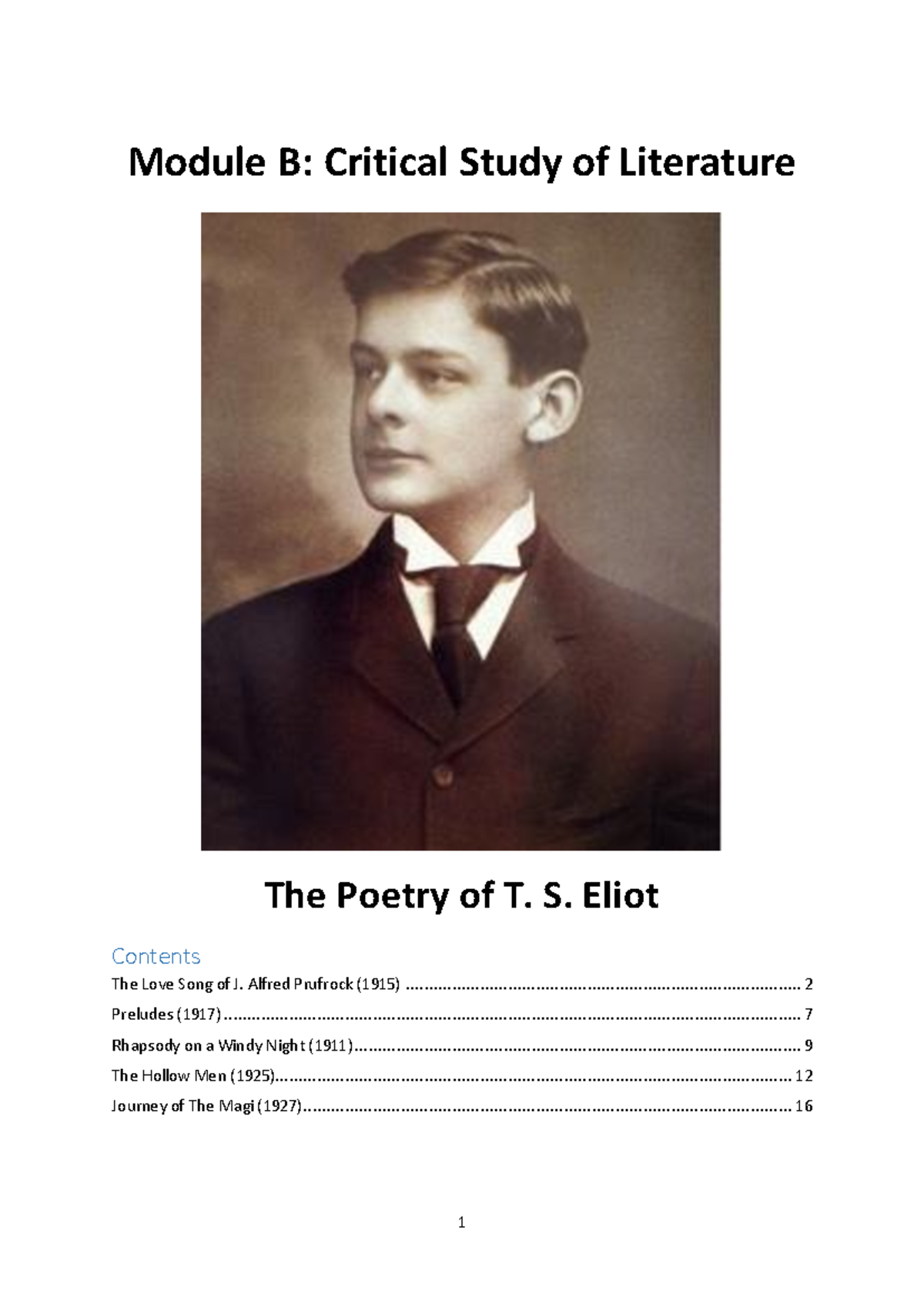 Booklet - T. S. Eliot Poetry Collection - Module B: Critical Study of ...