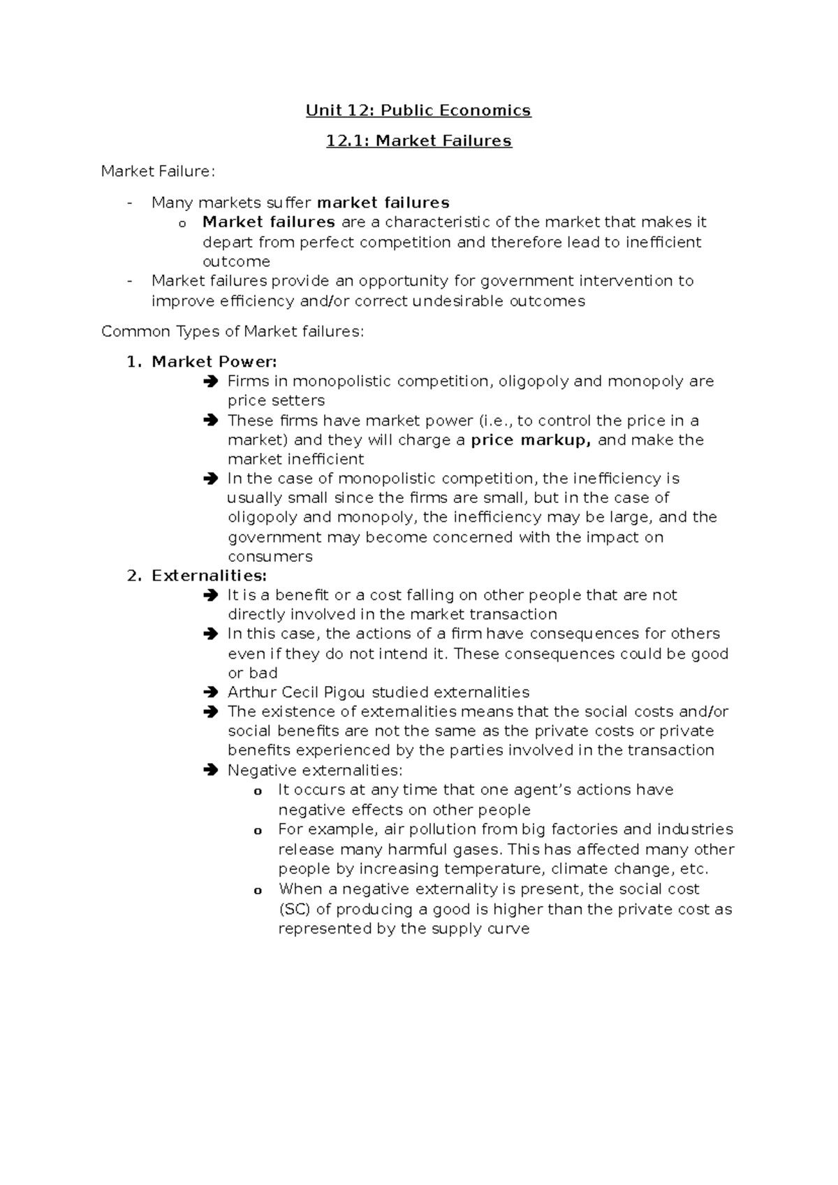 ECON UNit 12 Notes - Unit 12: Public Economics 12: Market Failures ...