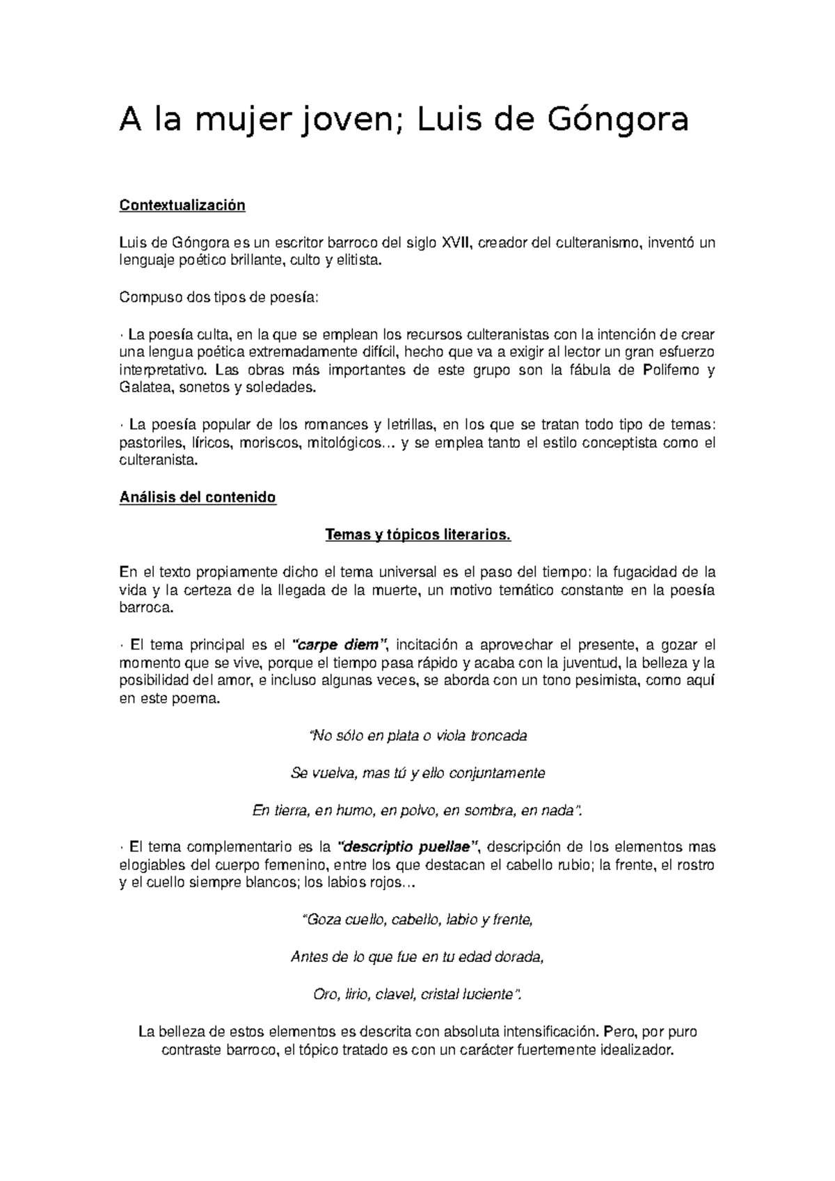 A la mujer joven; Luis de Góngora - A la mujer joven; Luis de Góngora ...