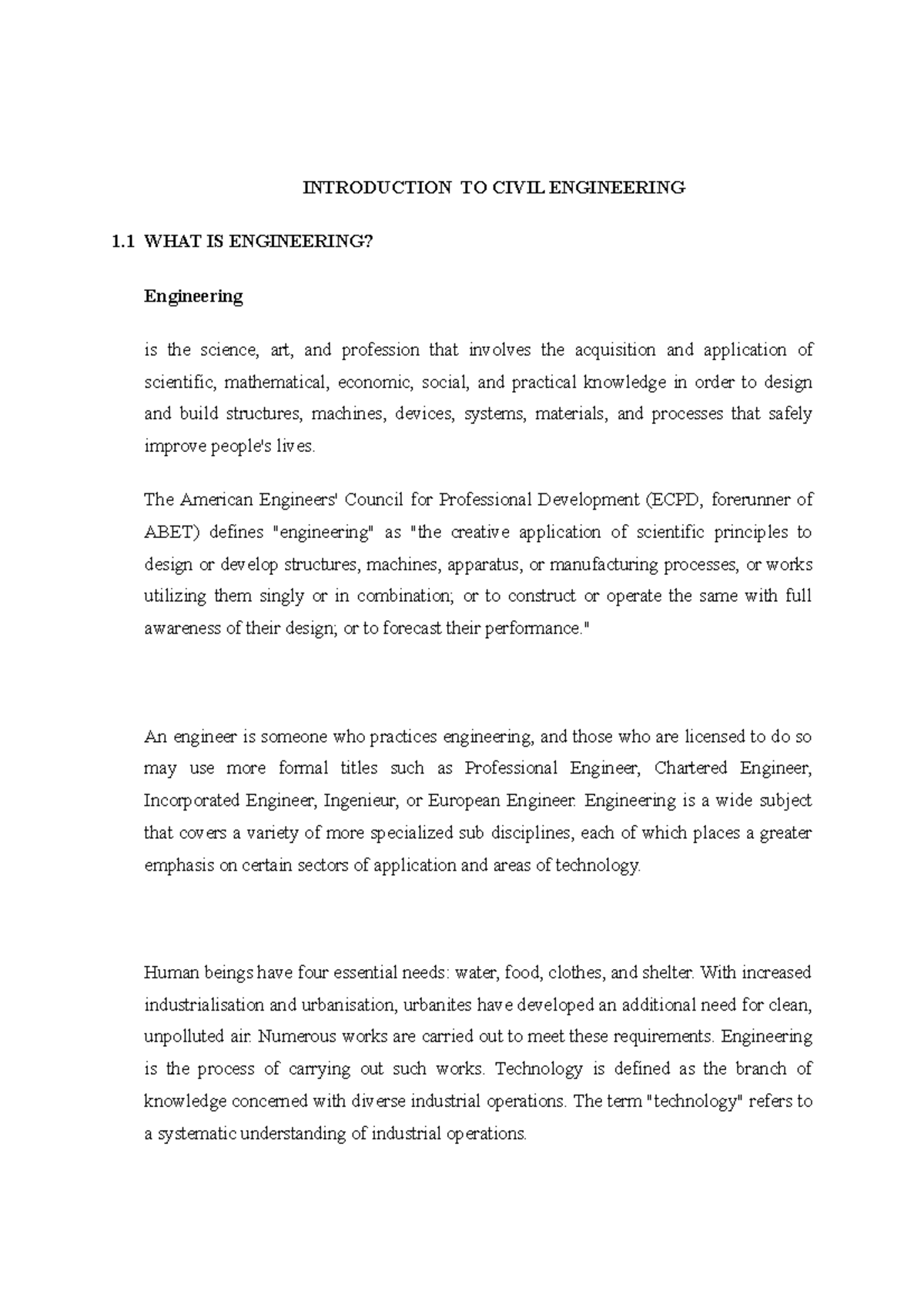 Introduction to Civil Engineering - INTRODUCTION TO CIVIL ENGINEERING 1 ...