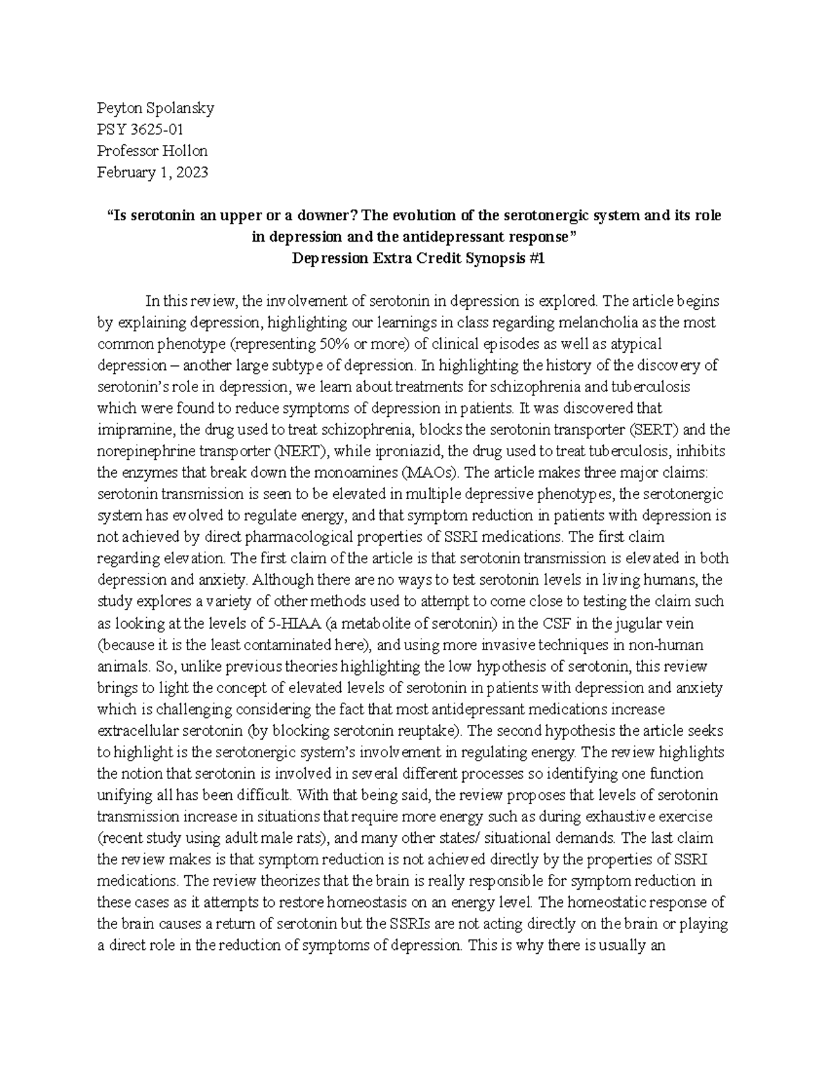 Depression extra credit reading - #1 - Peyton Spolansky PSY 3625 ...