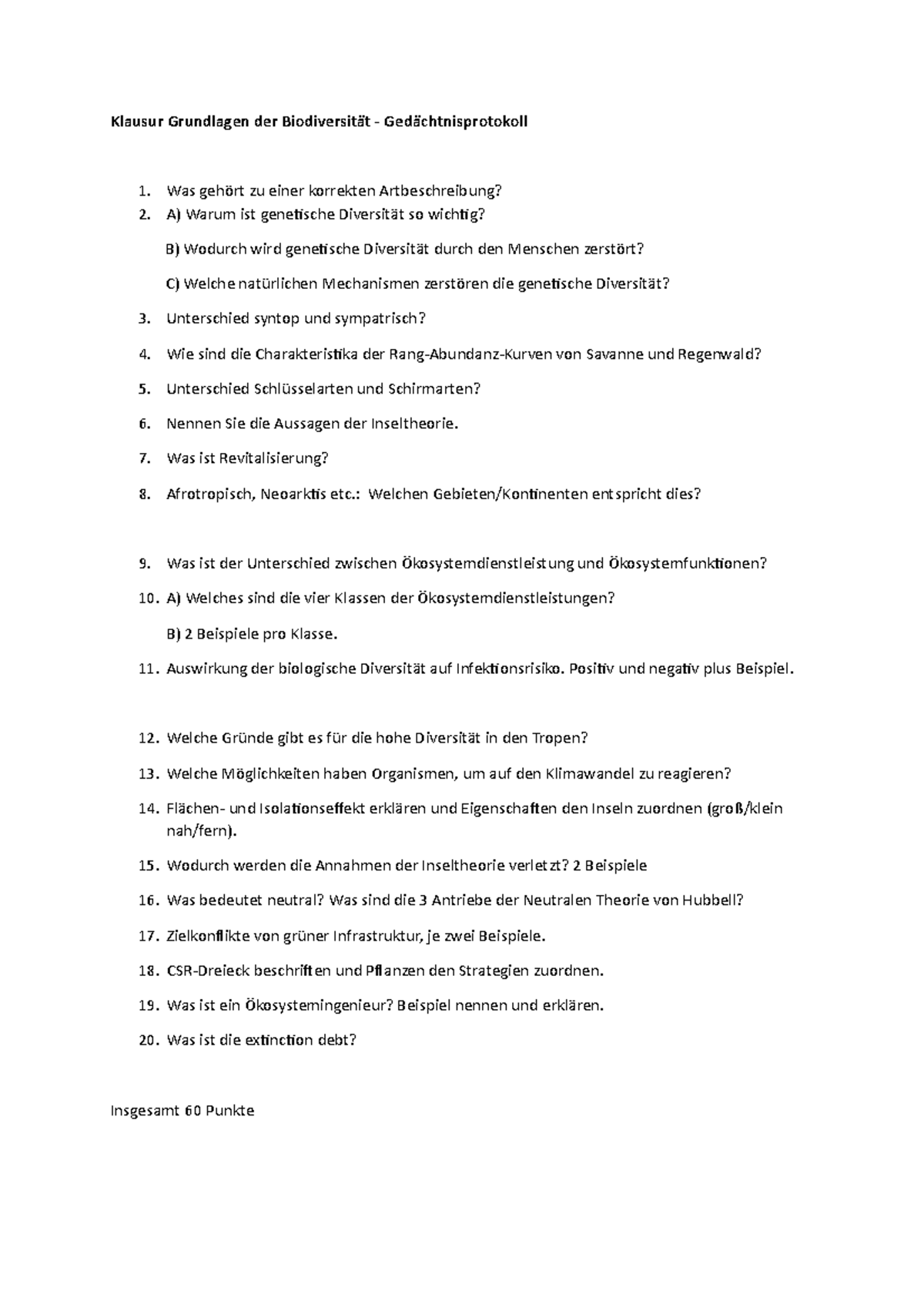 Ged chtnisprotokoll Klausur Grundlagen der Biodiversitaet - Klausur Grundlagen der Biodiversität ...