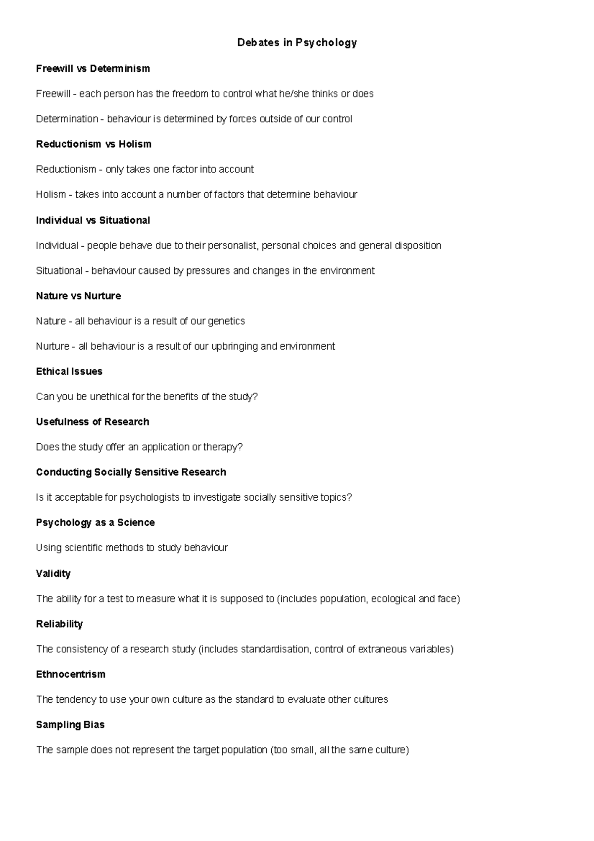 Debates in Psychology - These are all revision notes I have used on my ...