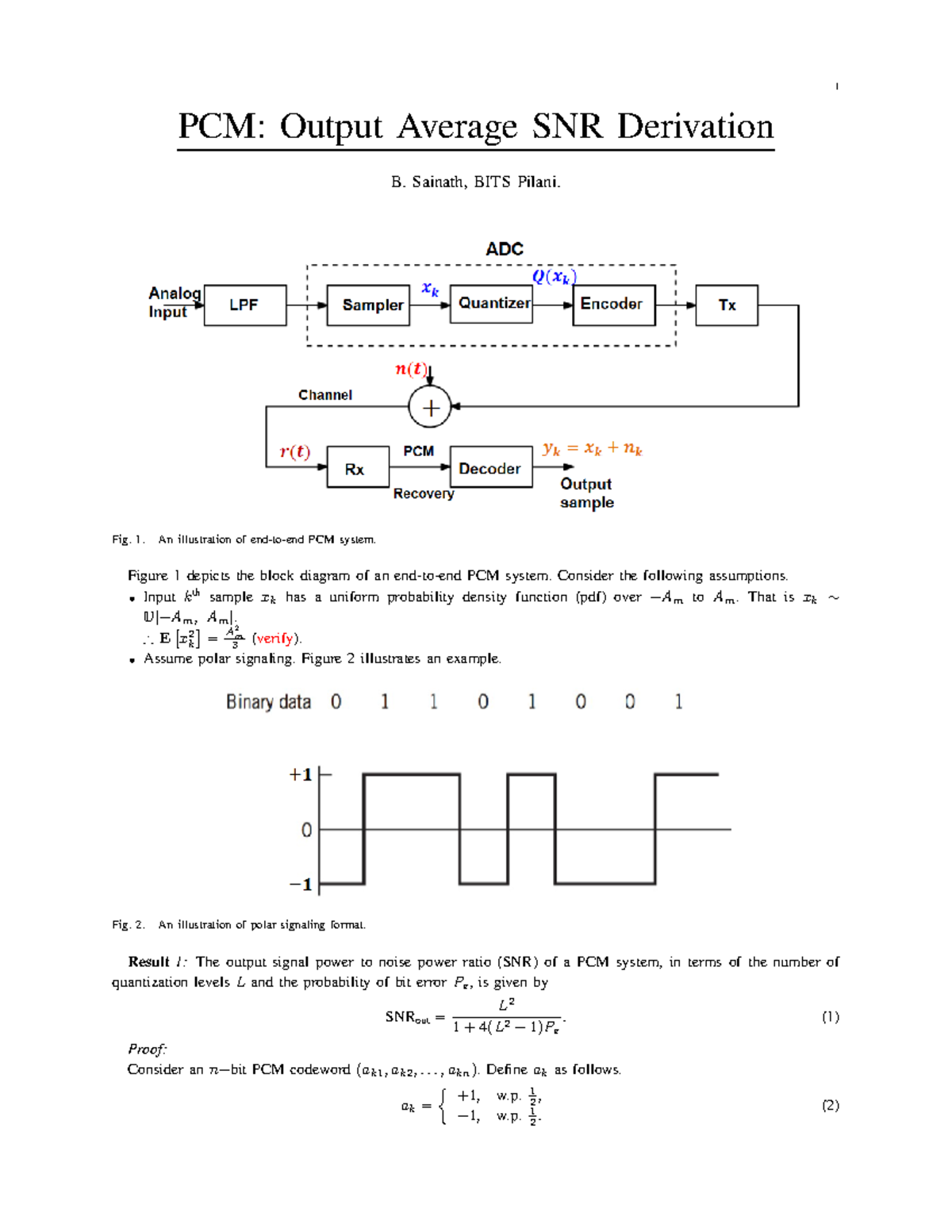 PCM model Avg SNR derivation - 1 PCM: Output Average SNR Derivation B ...