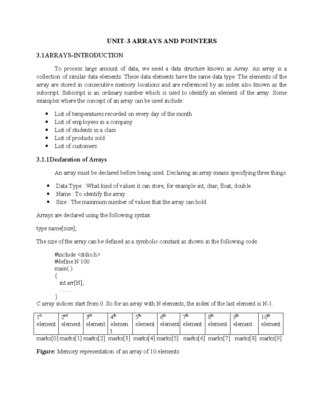 Material - nil - UNIT-3 ARRAYS AND POINTERS 3-INTRODUCTION To process large amount of data, we ...