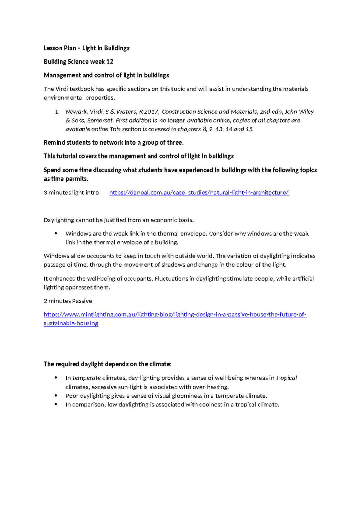 Week 12 Lesson Plan - gggggg - ####### Lesson Plan – Light in Buildings ...