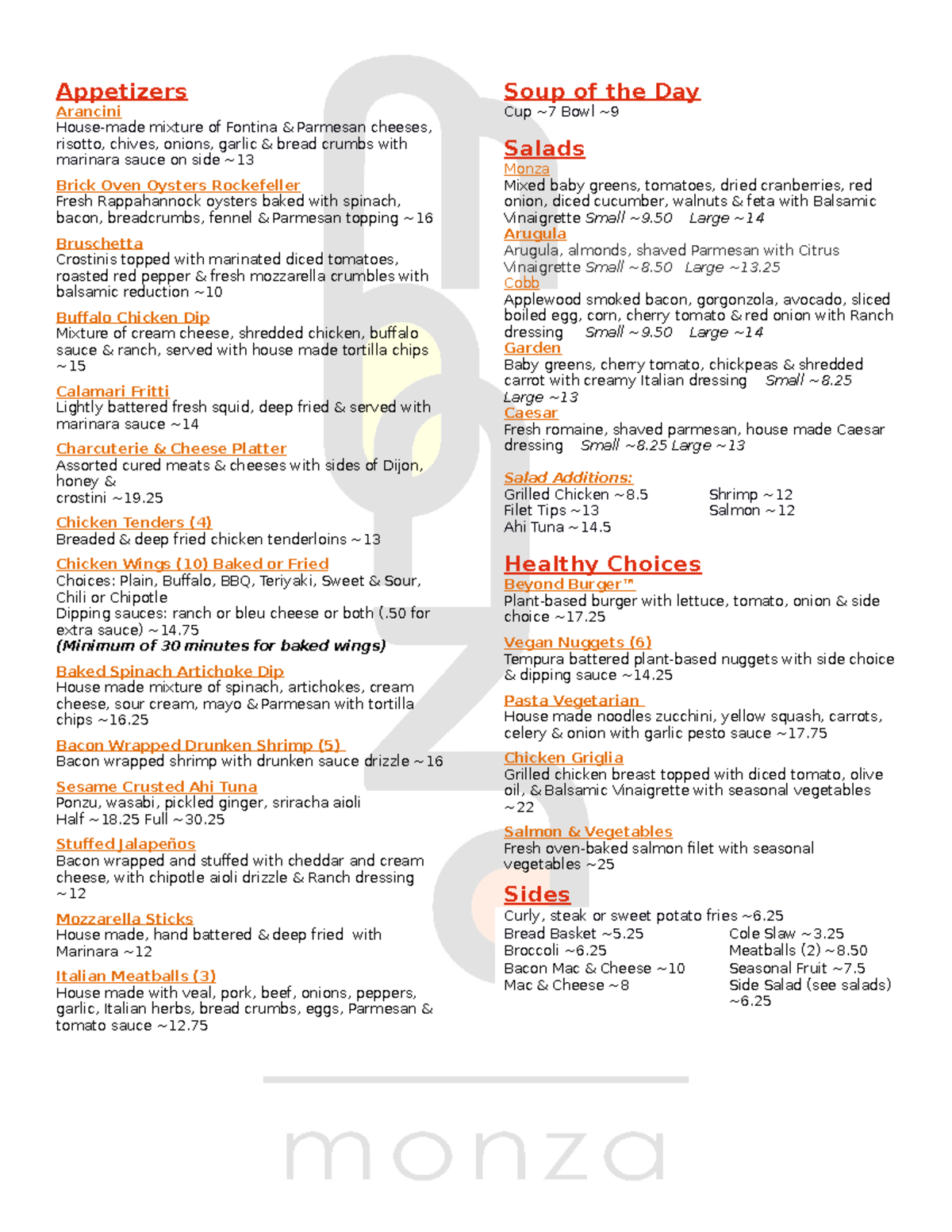 Monza-Menu-2022 - Practice - Appetizers Arancini House-made mixture of ...